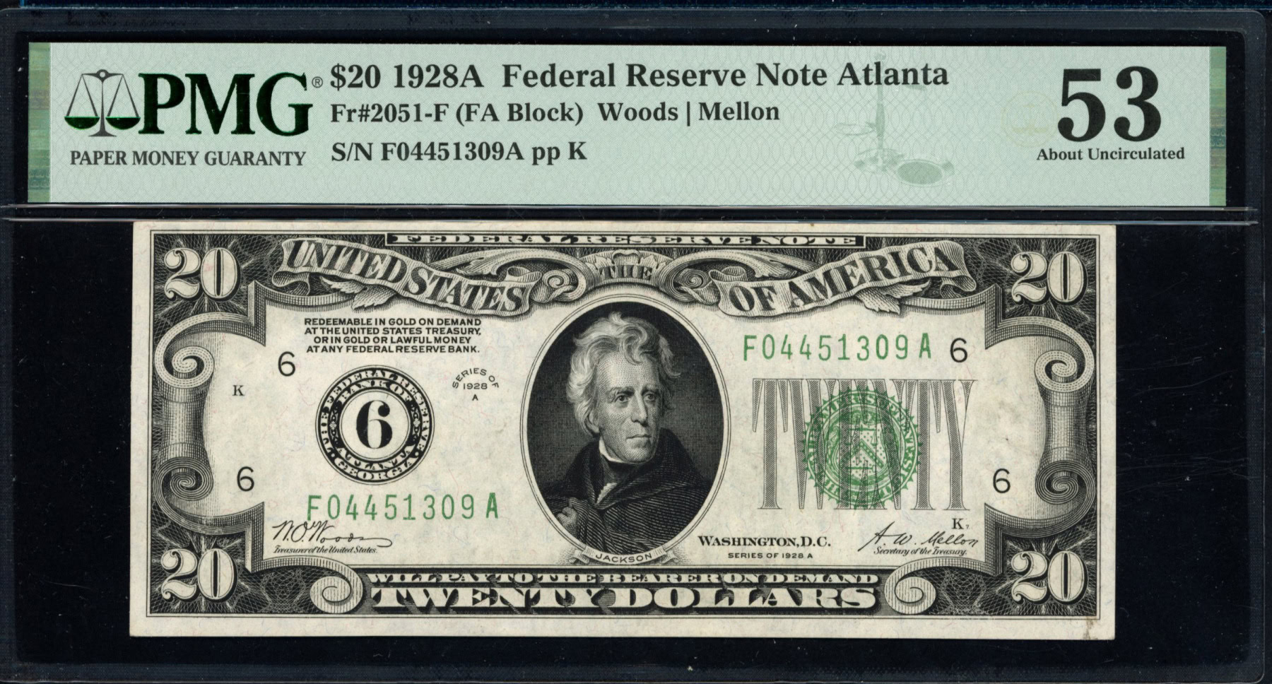 Fr. 2051-F (FA Block) 1928A $20 Atlanta Federal Reserve Note Woods ...