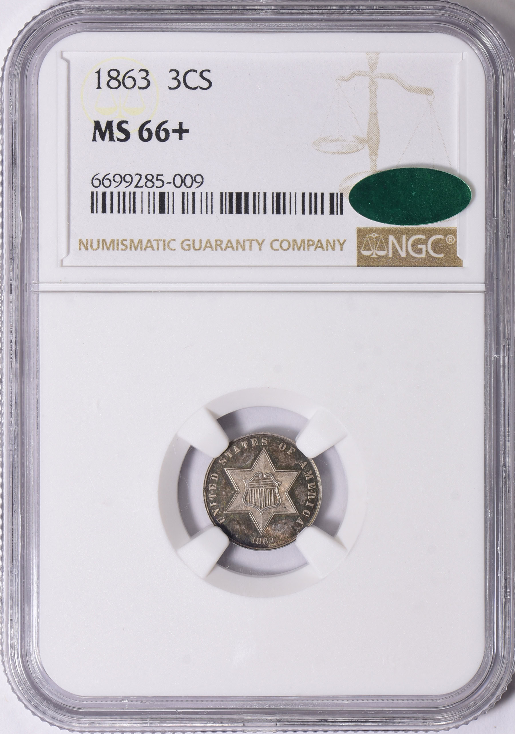 1863 Silver Three-Cent Piece NGC MS-66+ (CAC Green) (Toned) (Item ...