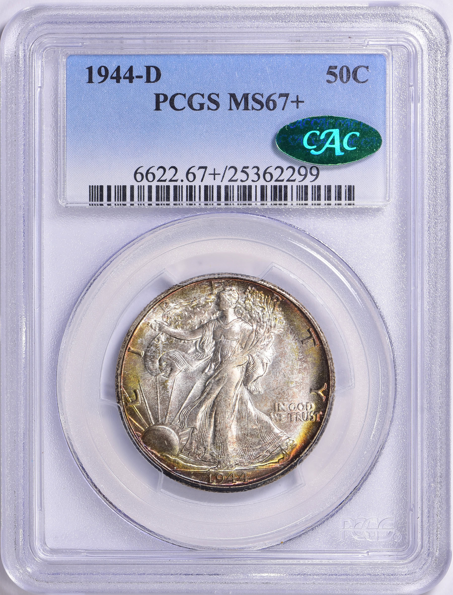 1944-D Walking Liberty Half Dollar PCGS MS-67+ (CAC Green) (Toned) (Item 1614538 ...
