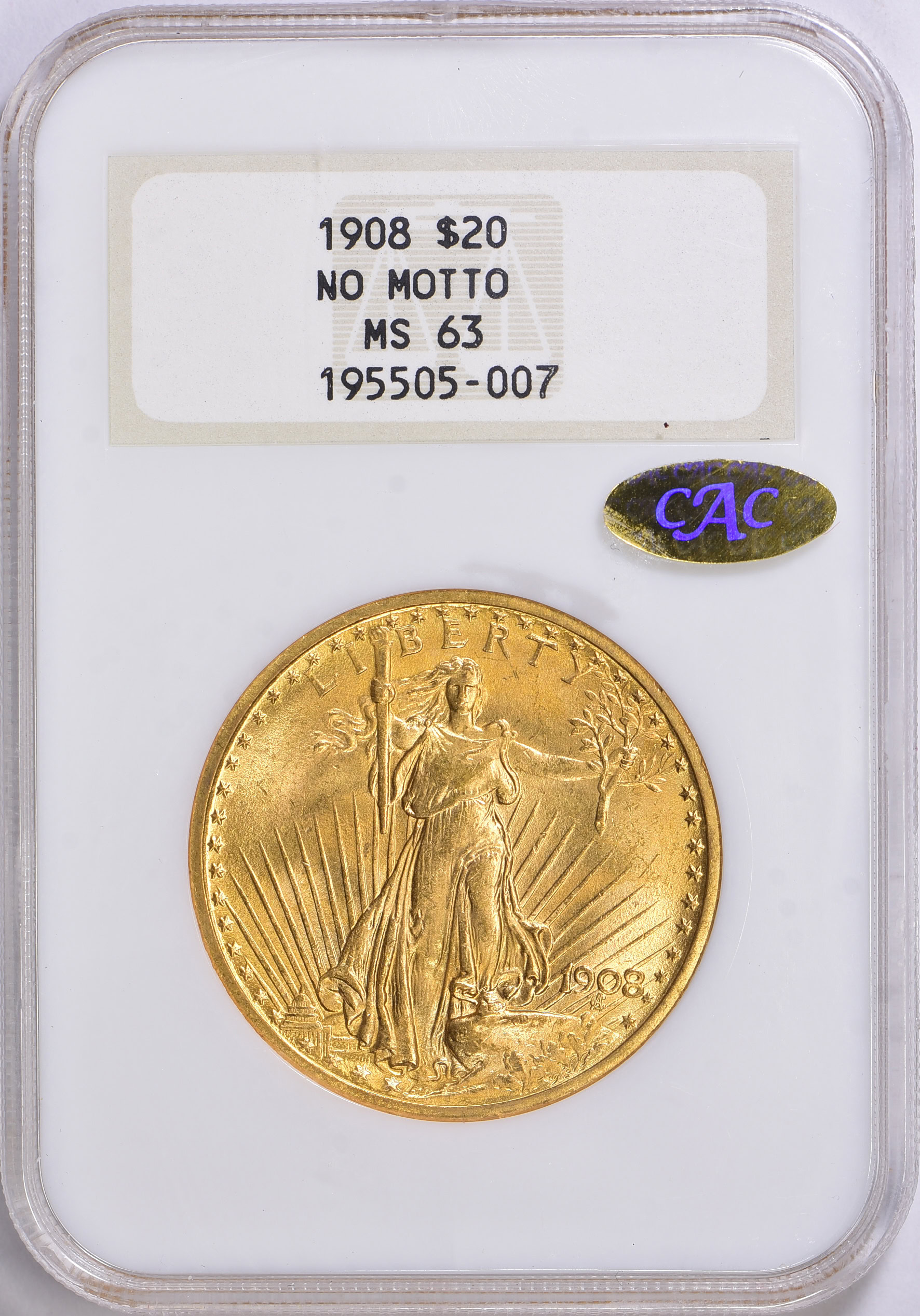 1908 Saint-Gaudens Gold Double Eagle No Motto NGC MS-63 (CAC Gold) OH (Item 1614883 ...