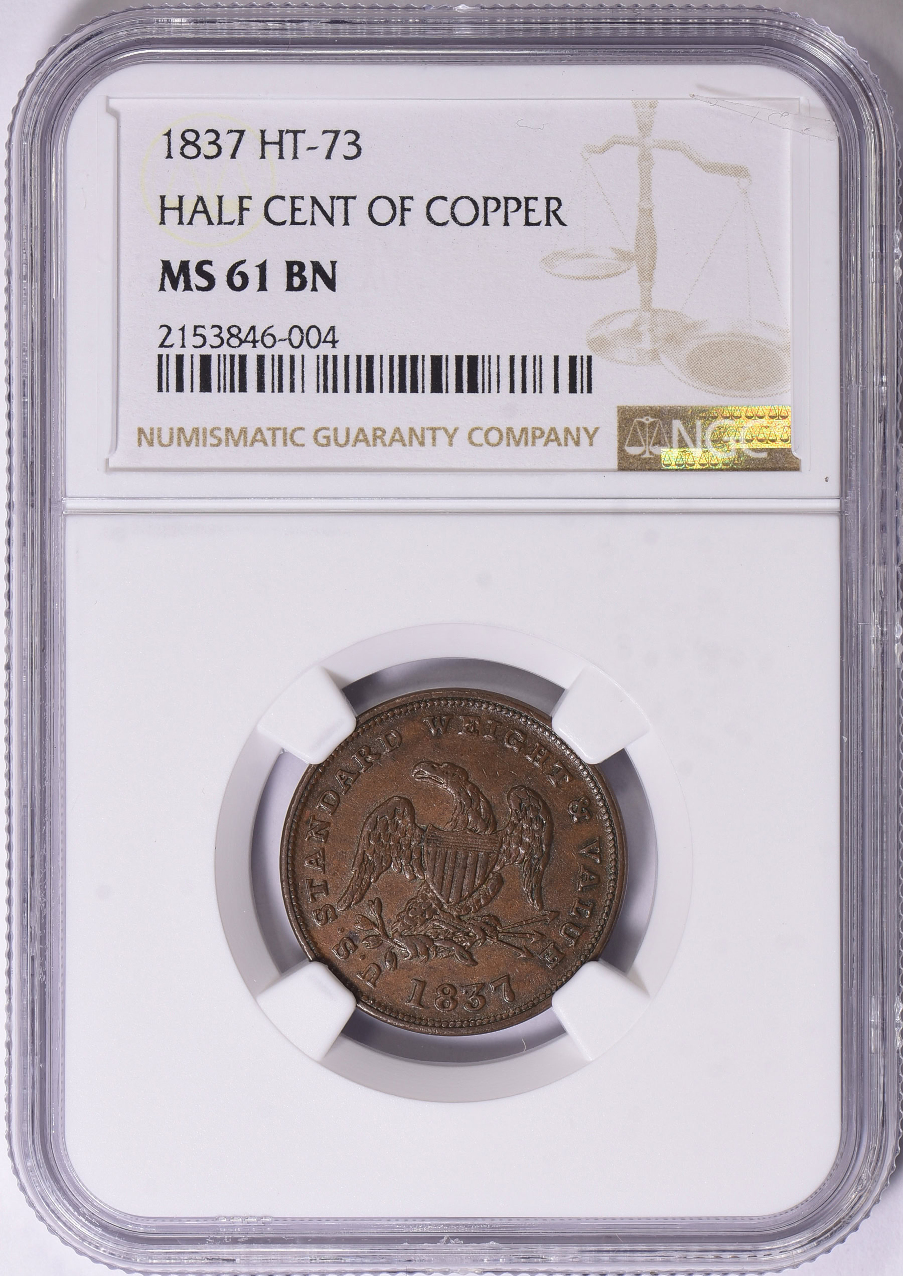 1837 Half Cent of Copper Hard Times Token HT-73 NGC MS-61 BN (Item ...