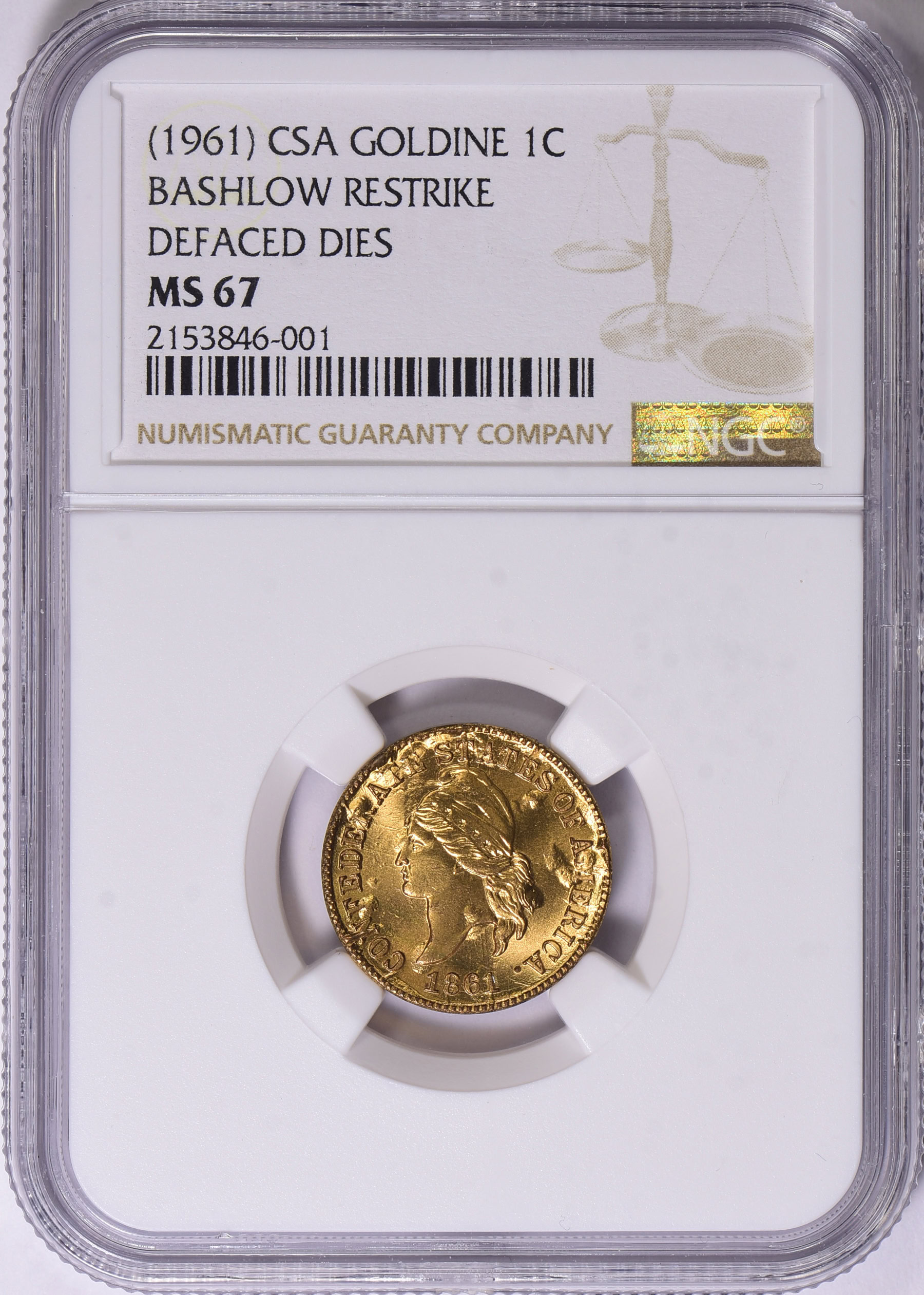 (1961) Confederate States of America Cent Goldine Bashlow Restrike With ...