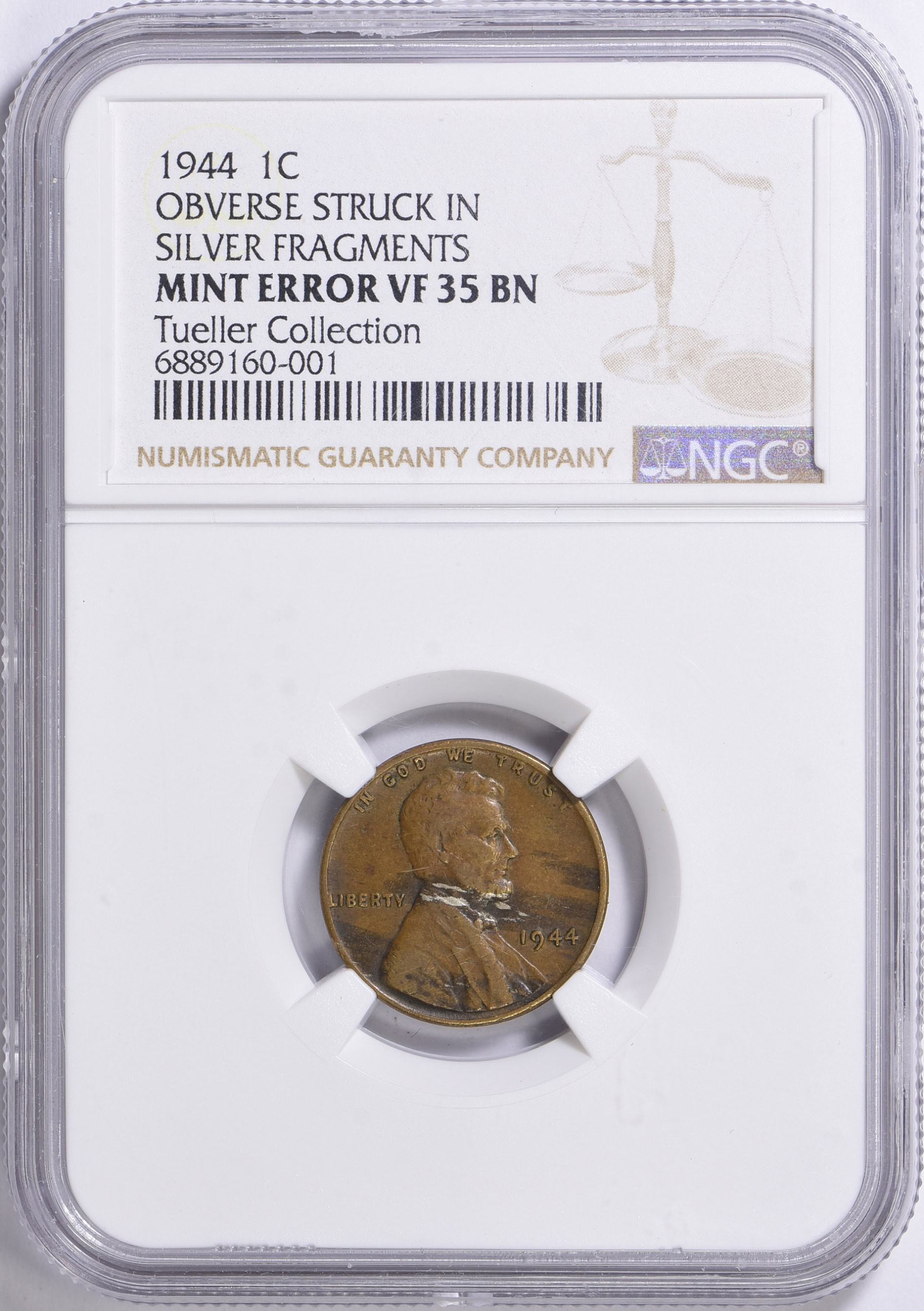 Mint Error 1944 Lincoln Cent Obverse With Struck in Silver Fragments ...