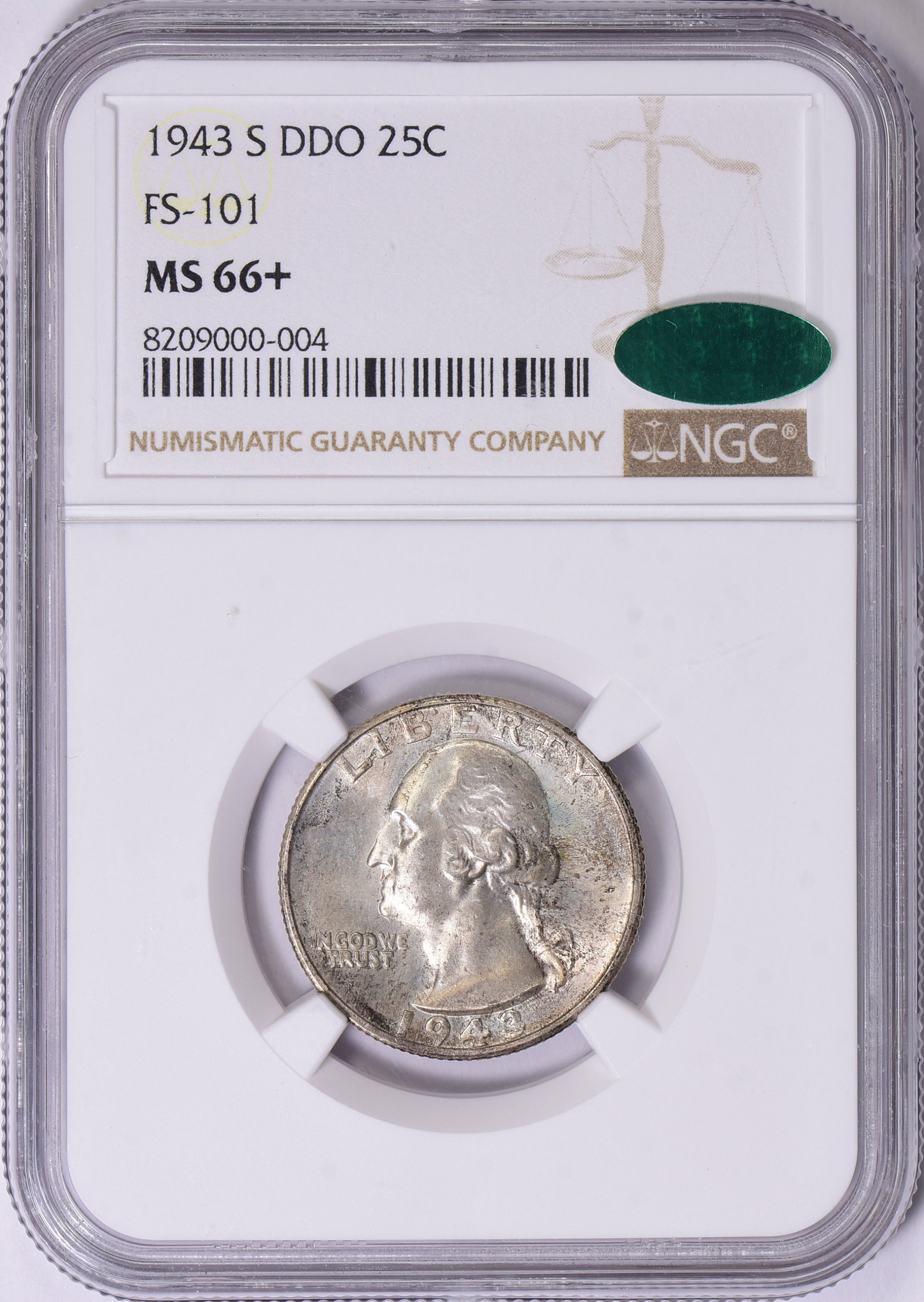 1943-S Washington Quarter Doubled Die Obverse FS-101 NGC MS-66+ (CAC Green) (Item 1615502 ...
