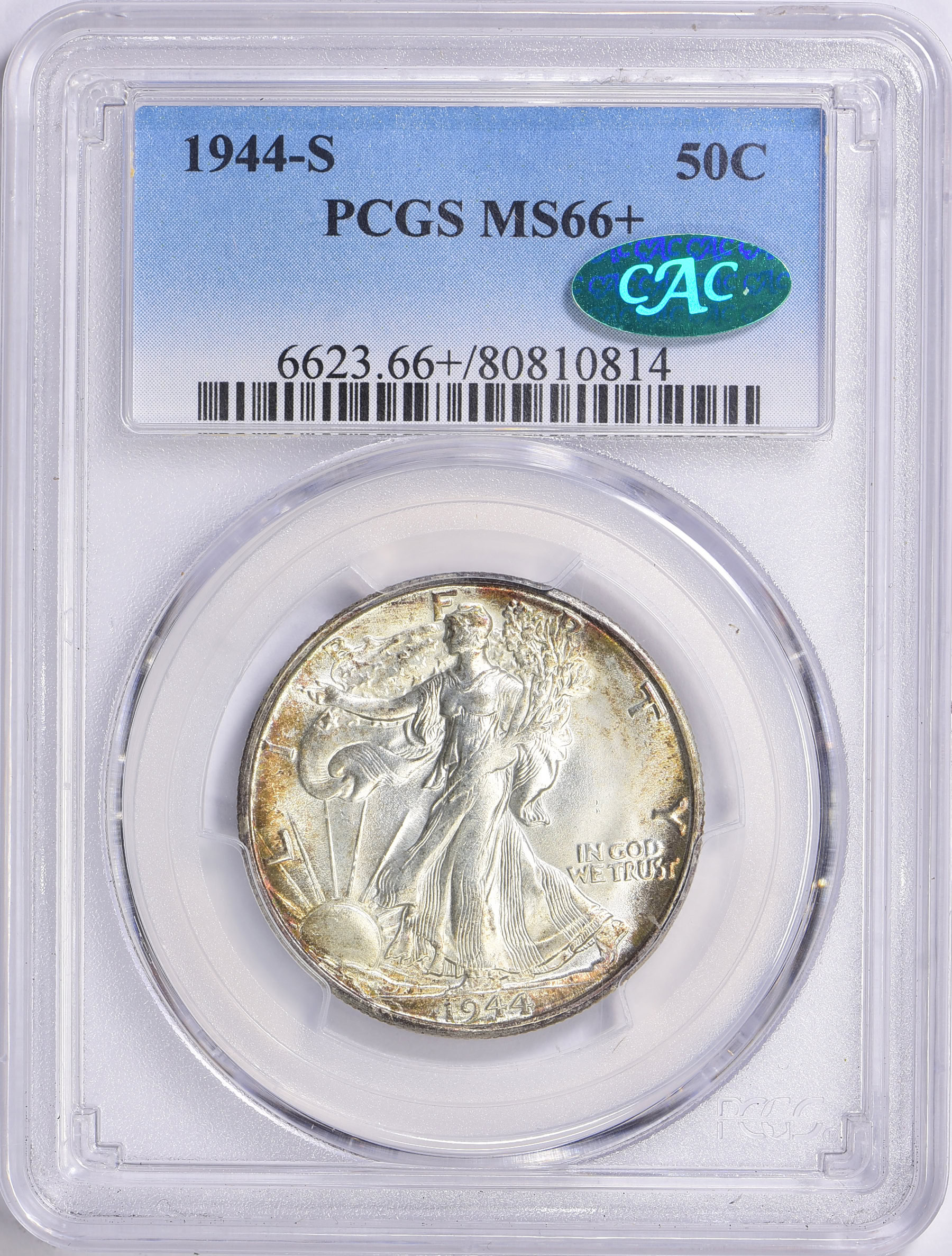 1944-S Walking Liberty Half Dollar PCGS MS-66+ (CAC Green) (Toned) (Item 1616229 ...