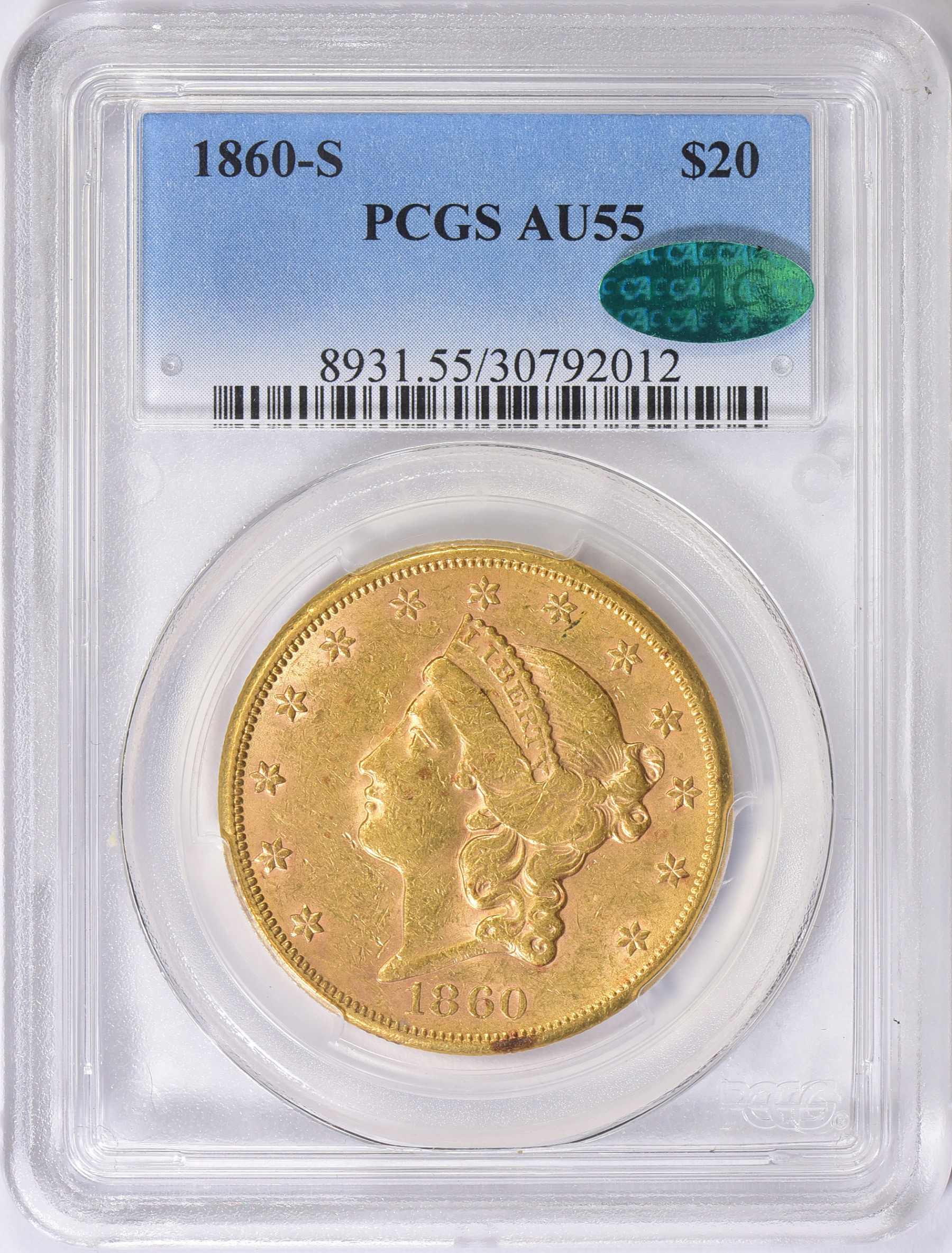 1860-S Liberty Gold Double Eagle PCGS AU-55 (CAC Green) (Item 1616287) | GreatCollections Coin ...