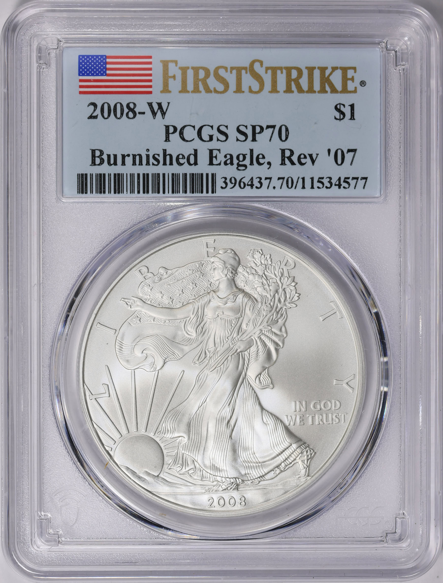 2008-W $1 Silver Eagle Burnished Reverse of 2007 First Strike PCGS SP-70 (Item 1616359 ...