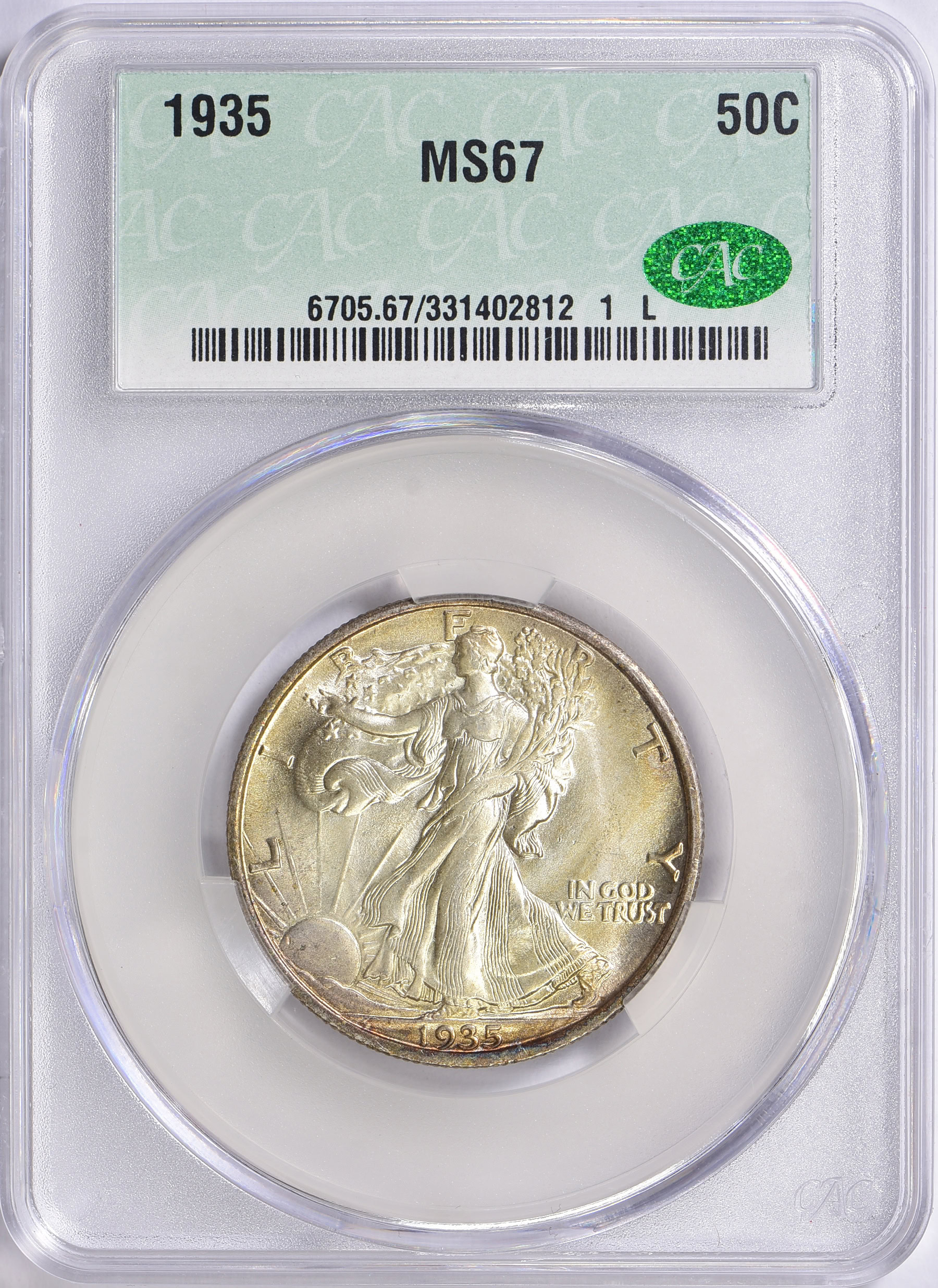 1935 Walking Liberty Half Dollar CACG MS-67 (Toned) (Item 1616684) | GreatCollections Coin Auctions