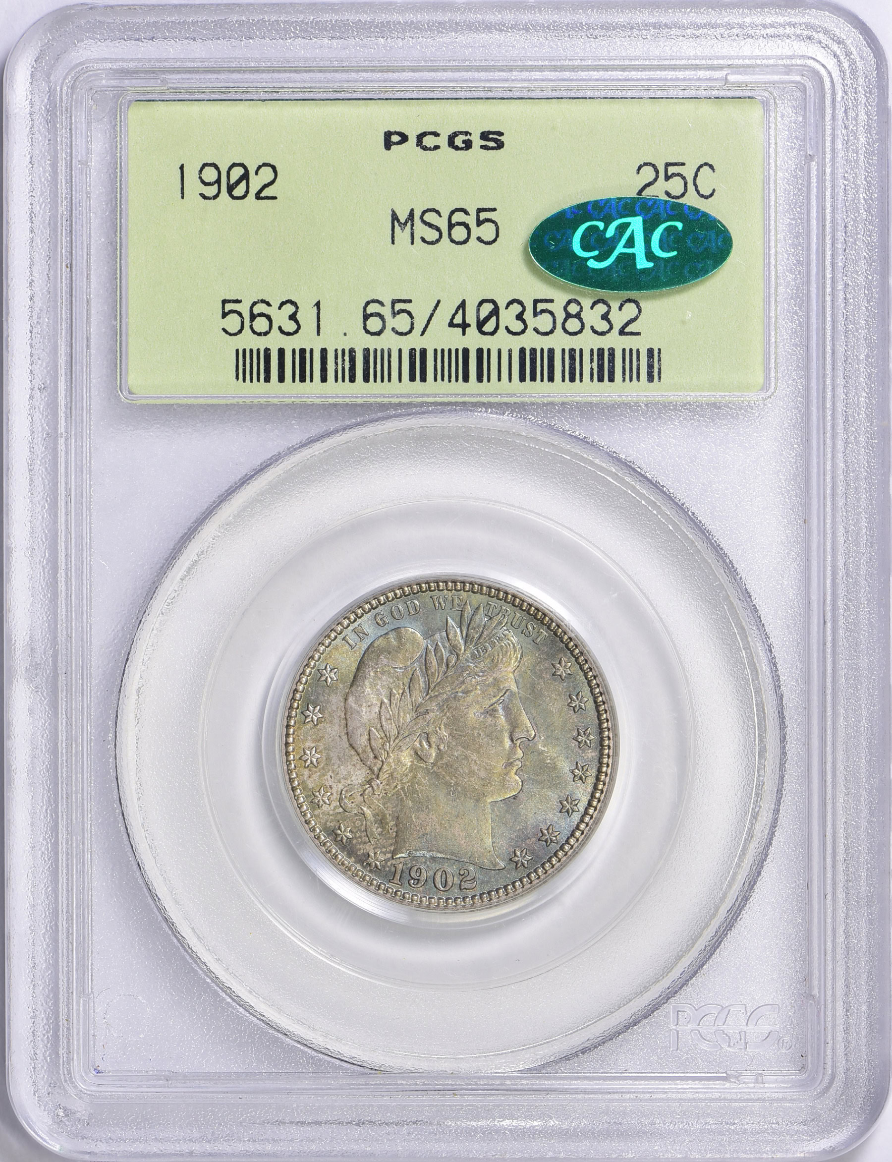 1902 Barber Quarter PCGS MS-65 (CAC Green) OGH (Toned) (Item 1616813 ...