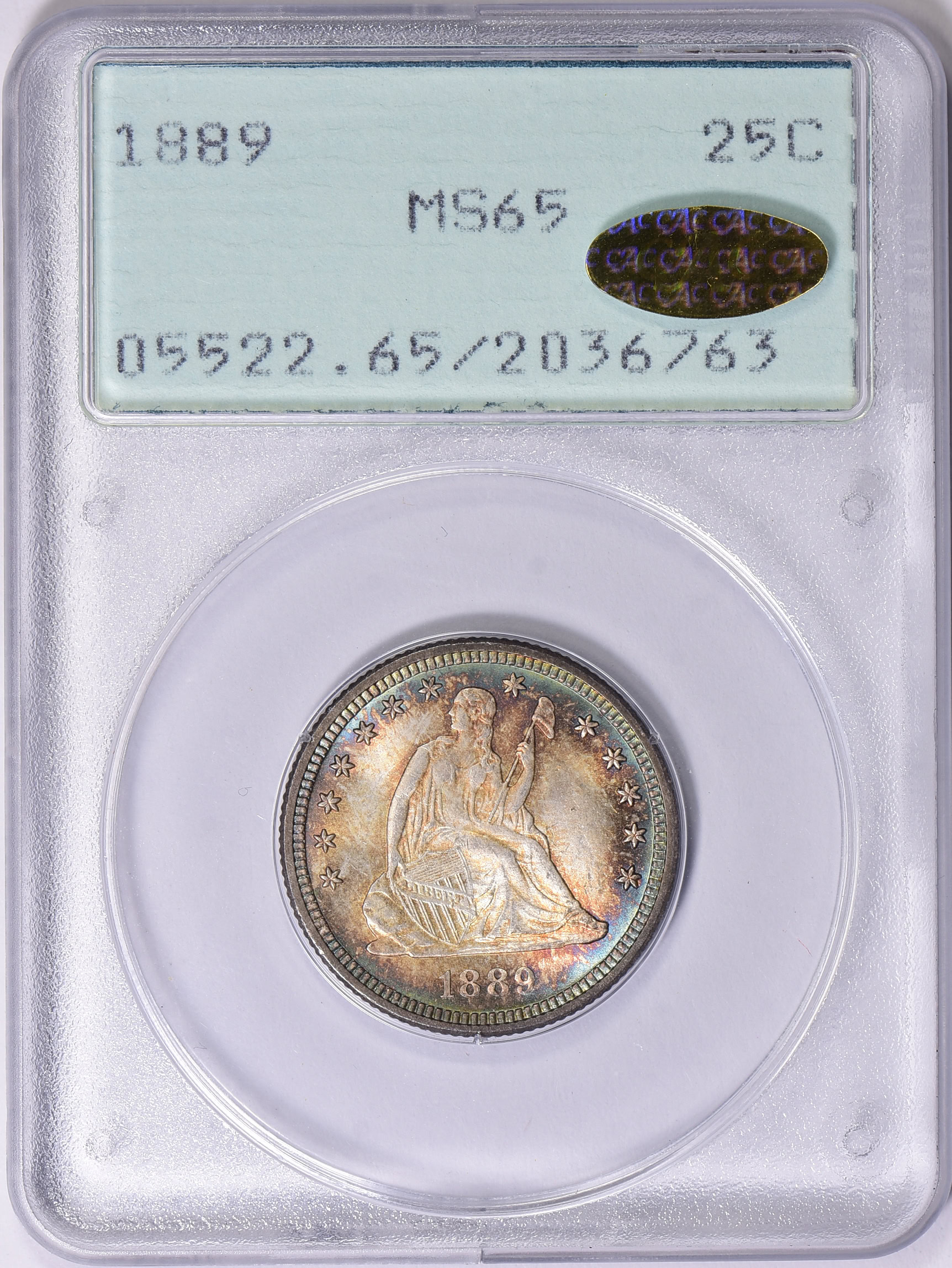 1889 Seated Liberty Quarter PCGS MS-65 (CAC Gold) OGH (1st Gen) (Toned ...