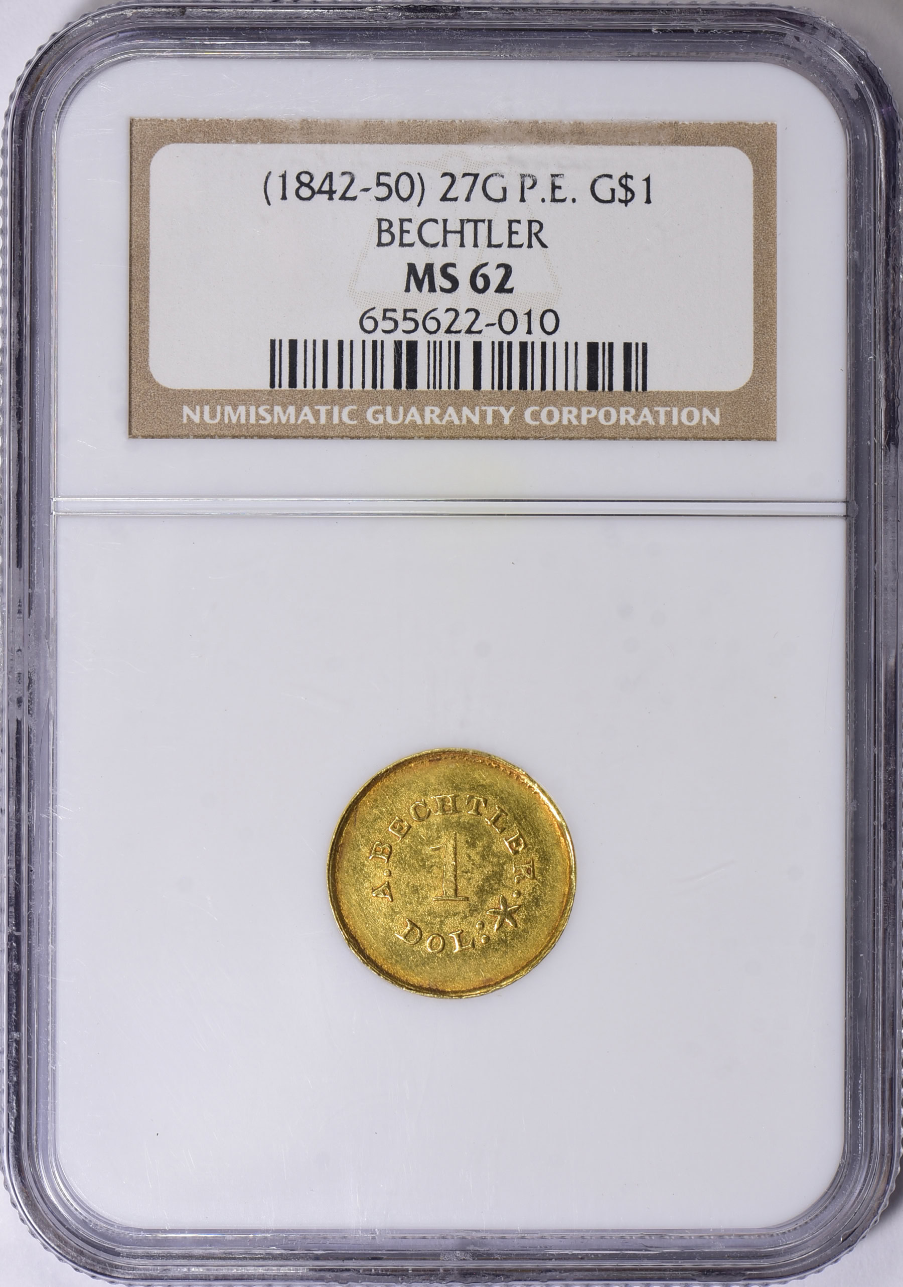 (1842-50) North Carolina/Georgia Gold $1 A. Bechtler 27G Plain Edge NGC MS-62 (Item 1617742 ...