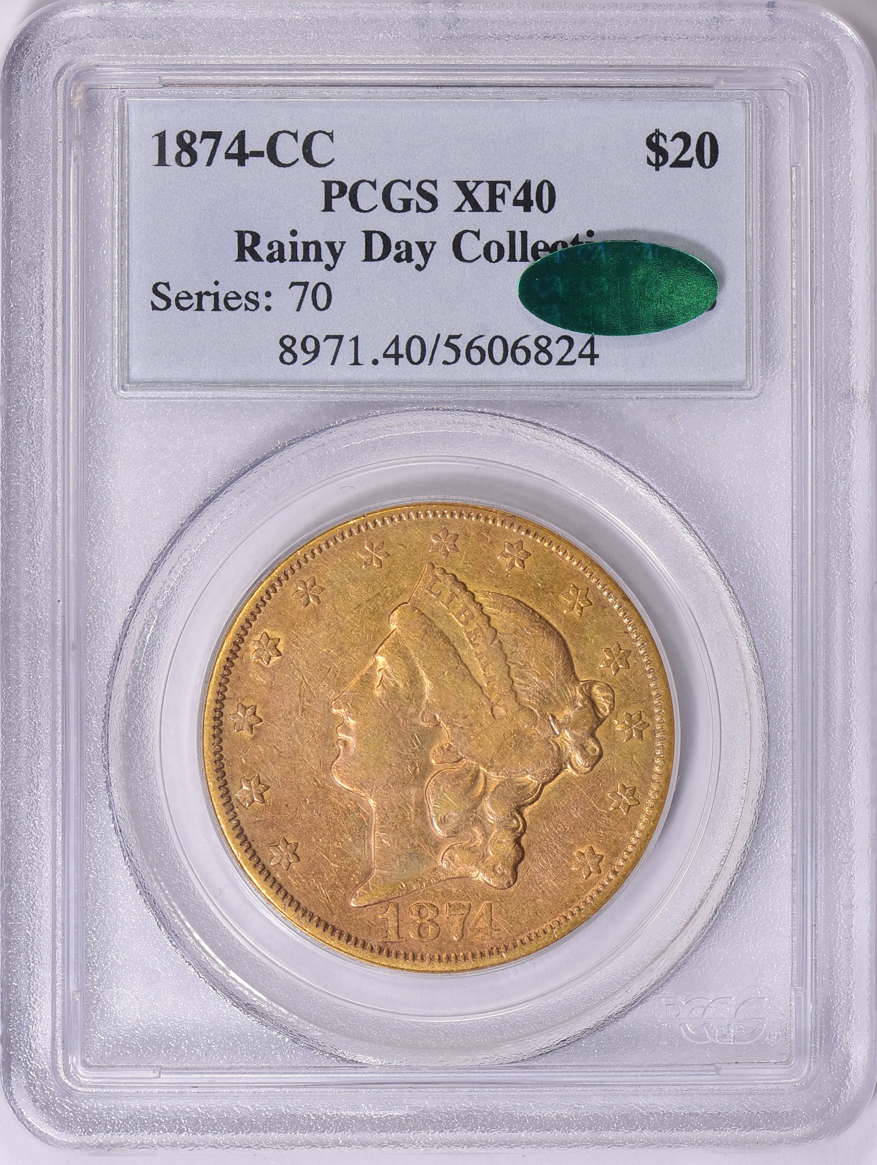 1874-CC Liberty Gold Double Eagle PCGS XF-40 (CAC Green) (Rainy Day Collection) (Item 1618231 ...