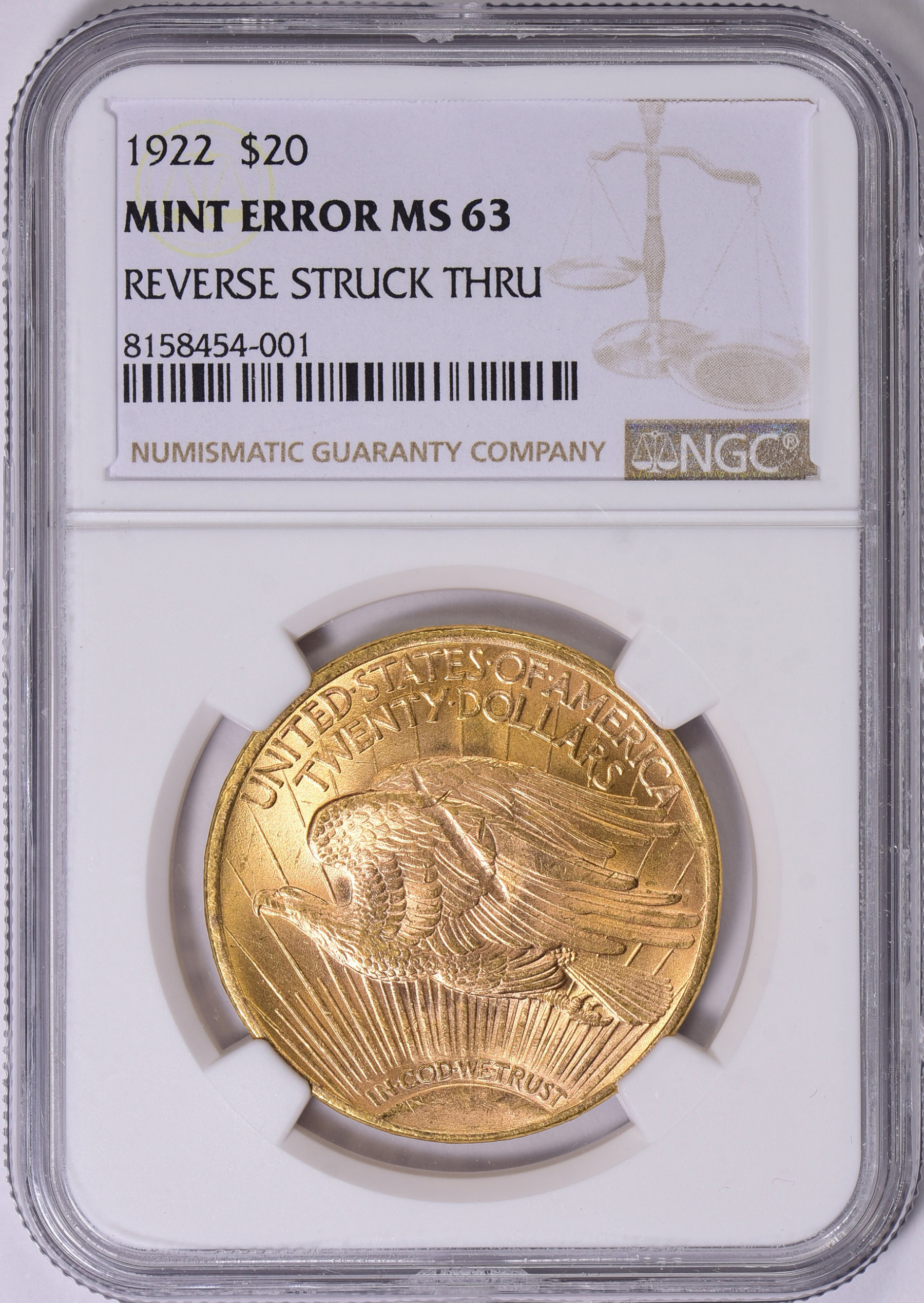 Mint Error 1922 Saint-Gaudens Gold Double Eagle Reverse Struck Through ...