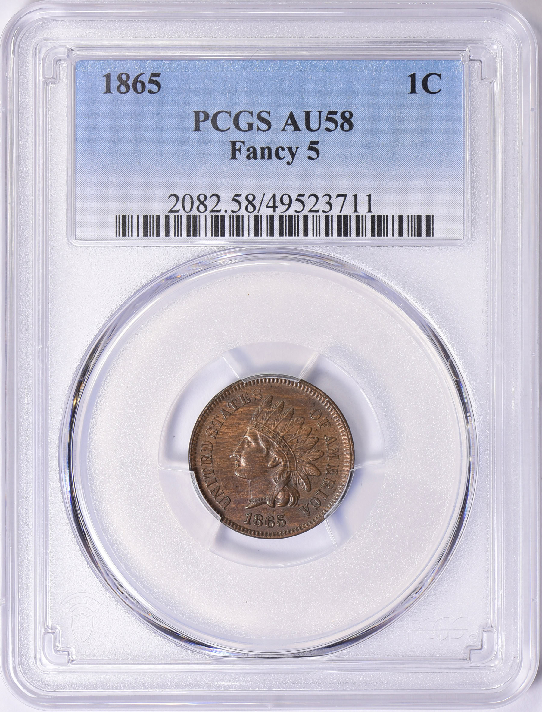1865 Indian Cent Fancy 5 PCGS AU-58 BN (Item 1619496) | GreatCollections Coin Auctions