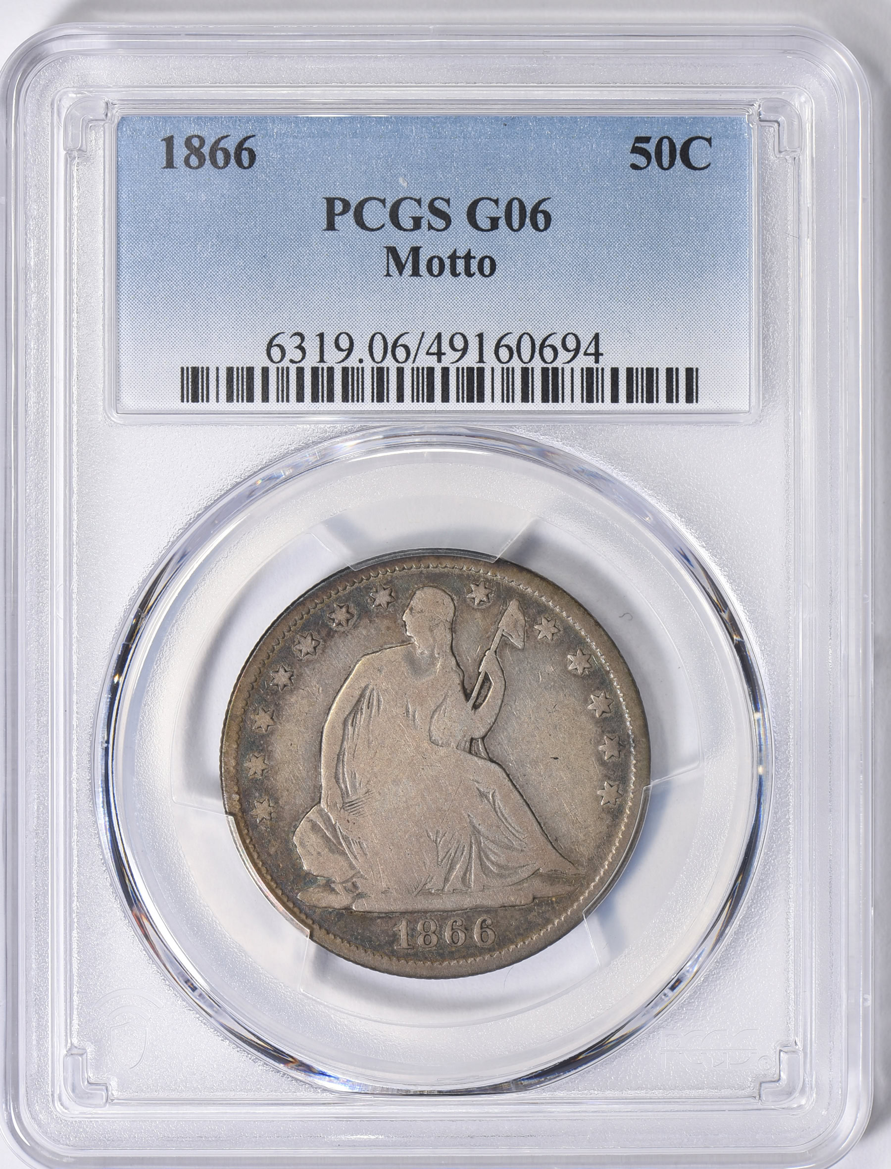 1866 Seated Liberty Half Dollar Motto PCGS G-06 (Toned) (Item 1619625) | GreatCollections Coin ...