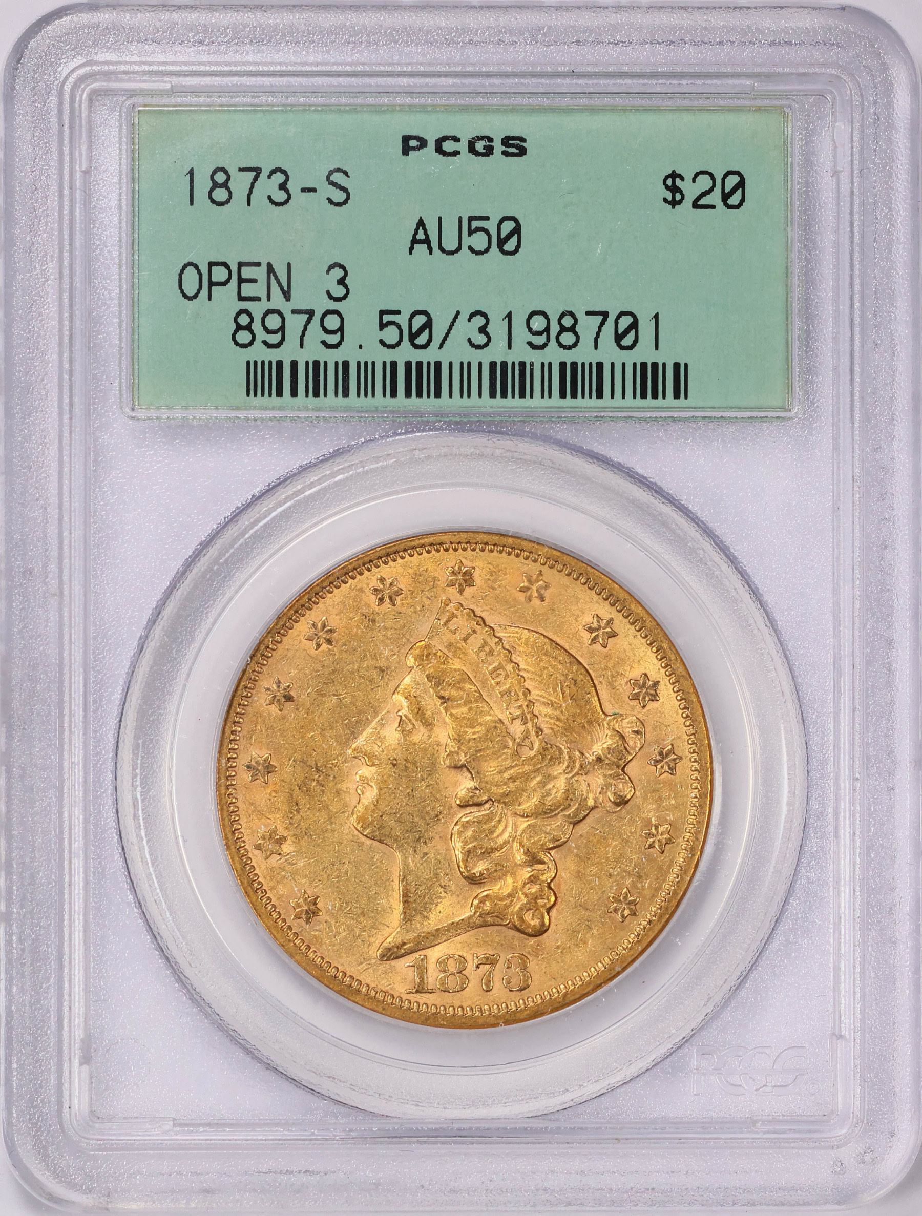 1873-S Liberty Gold Double Eagle Open 3 PCGS AU-50 OGH (Item 1620841) | GreatCollections Coin ...