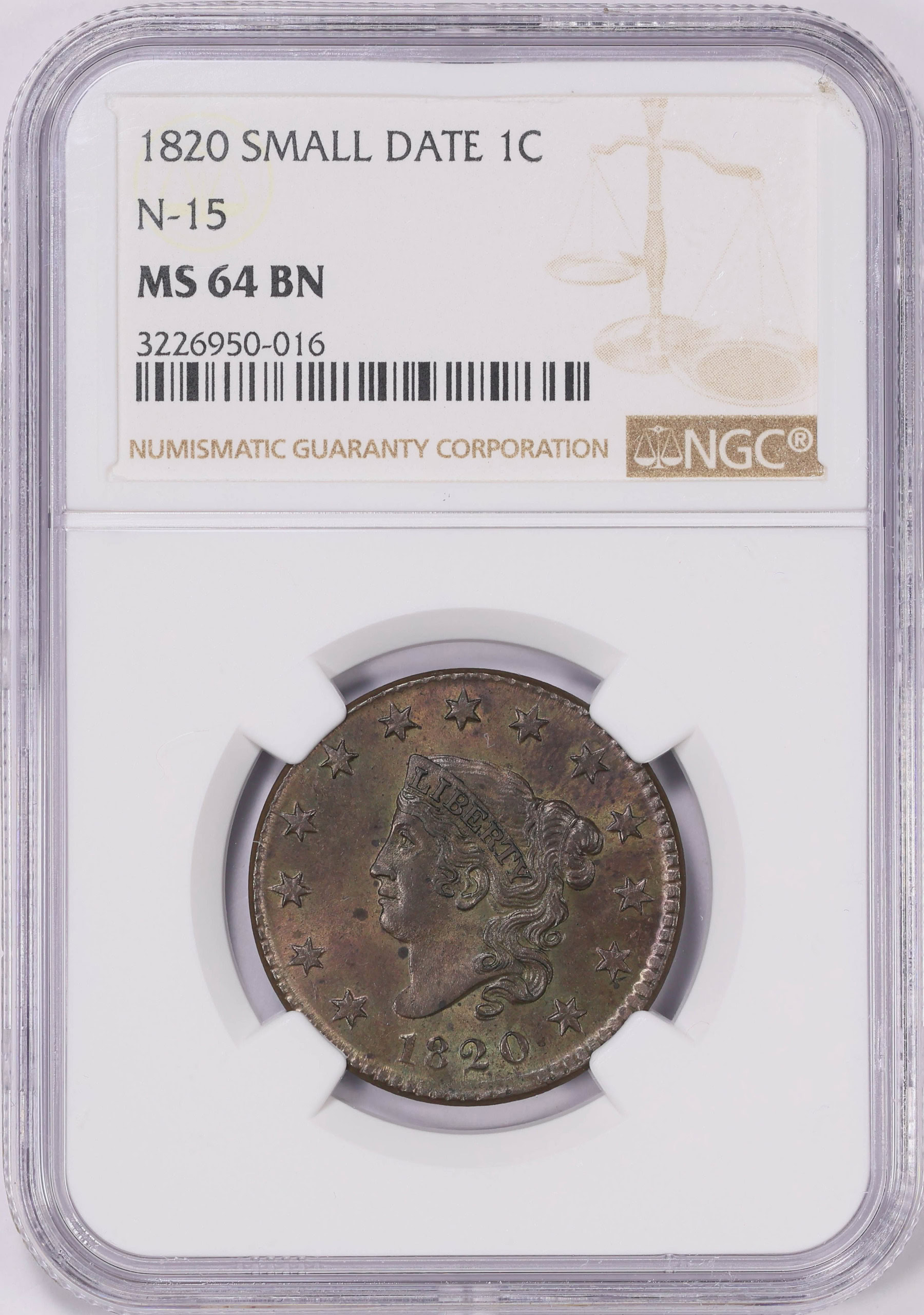 1820 Matron Cent N-15 Small Date NGC MS-64 BN (Item 1621049 ...