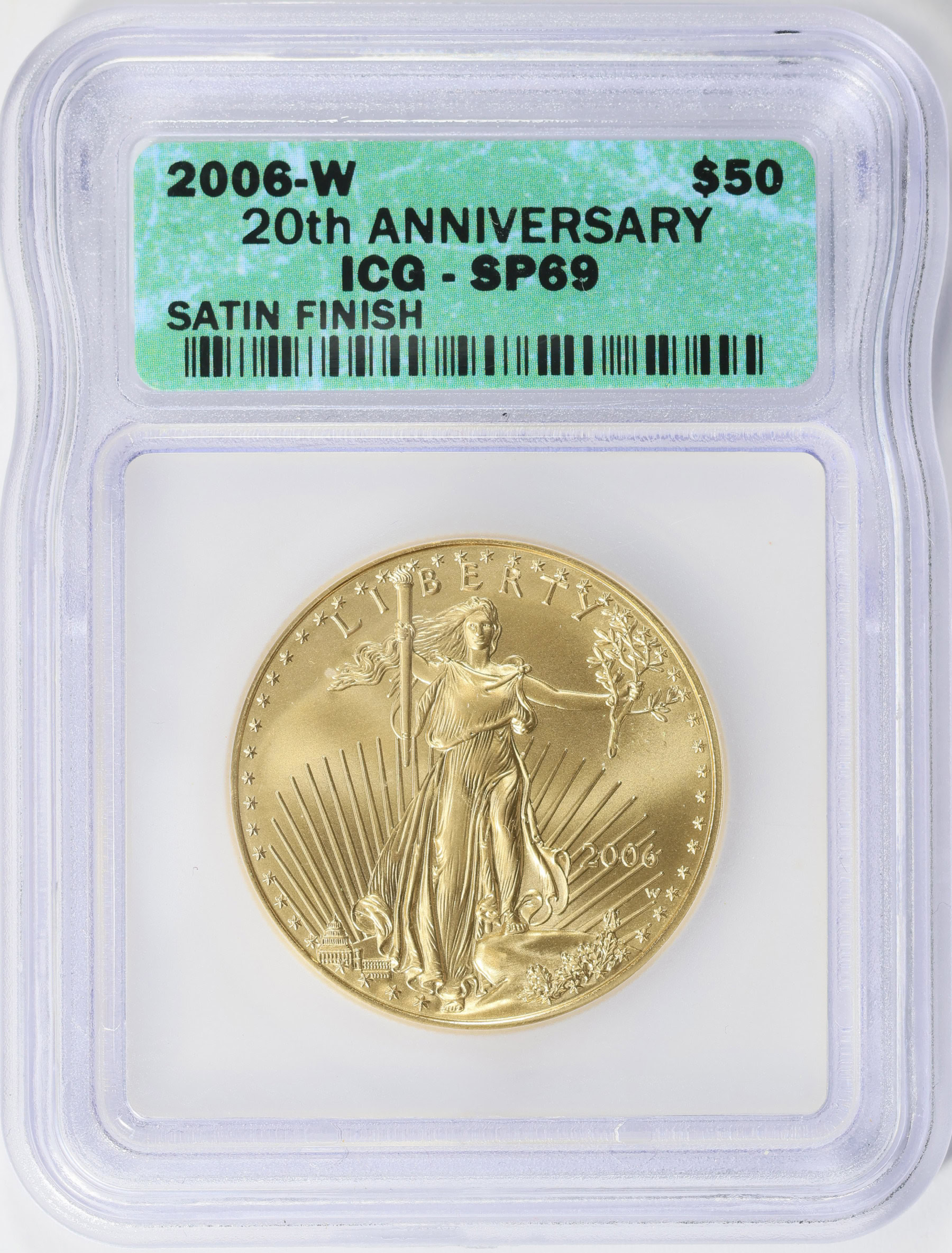 2006-W $50 One-Ounce Gold American Eagle Burnished 20th Anniversary ICG SP-69 (Item 1621576 ...