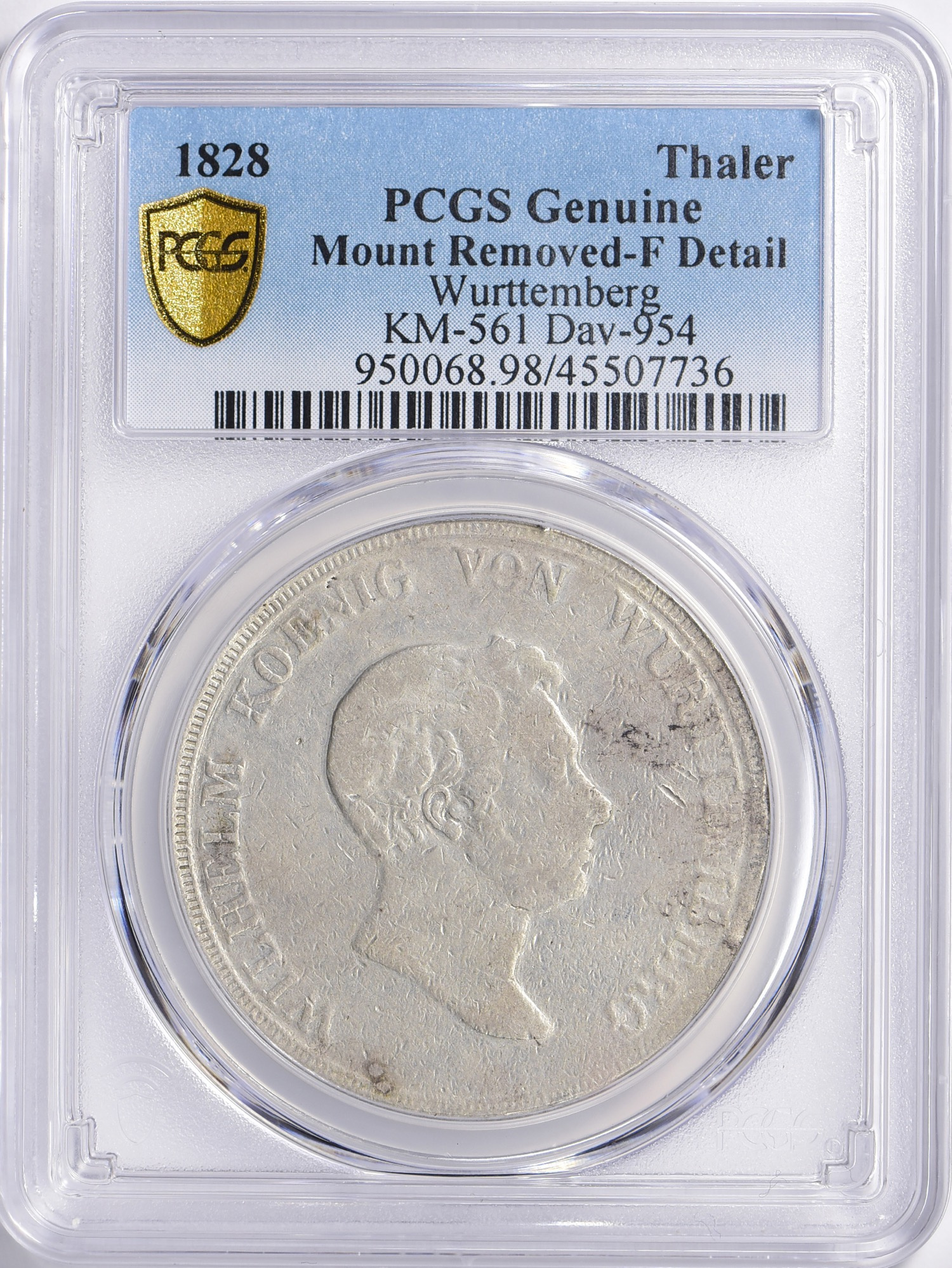 Germany - Wurttemberg 1828 Silver Thaler KM-561 PCGS Genuine Fine ...