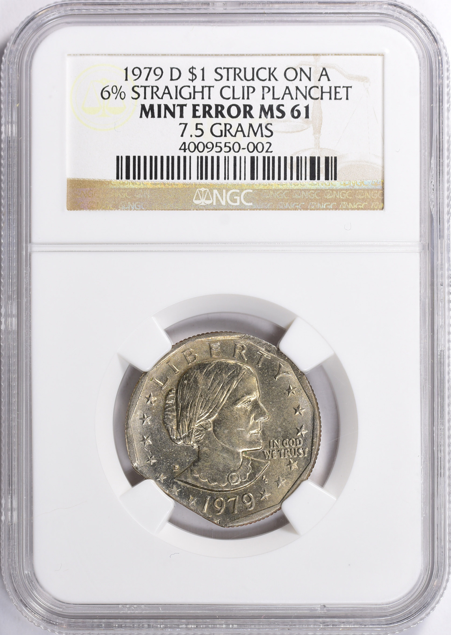 Mint Error 1979-D $1 Susan B. Anthony Struck On A 6% Straight Clip ...