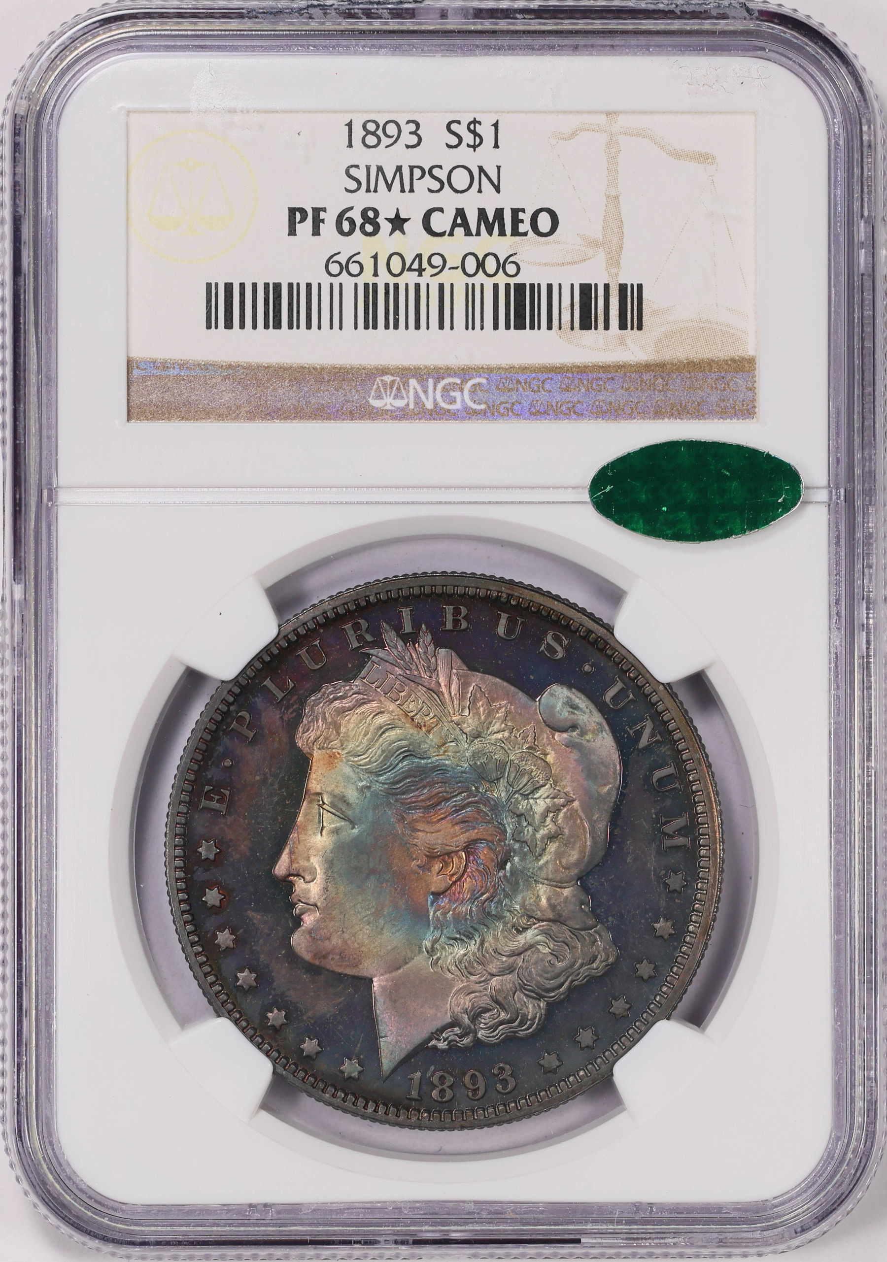 1893 Morgan Silver Dollar NGC Proof-68 ★ CAMEO (CAC Green) (Toned ...