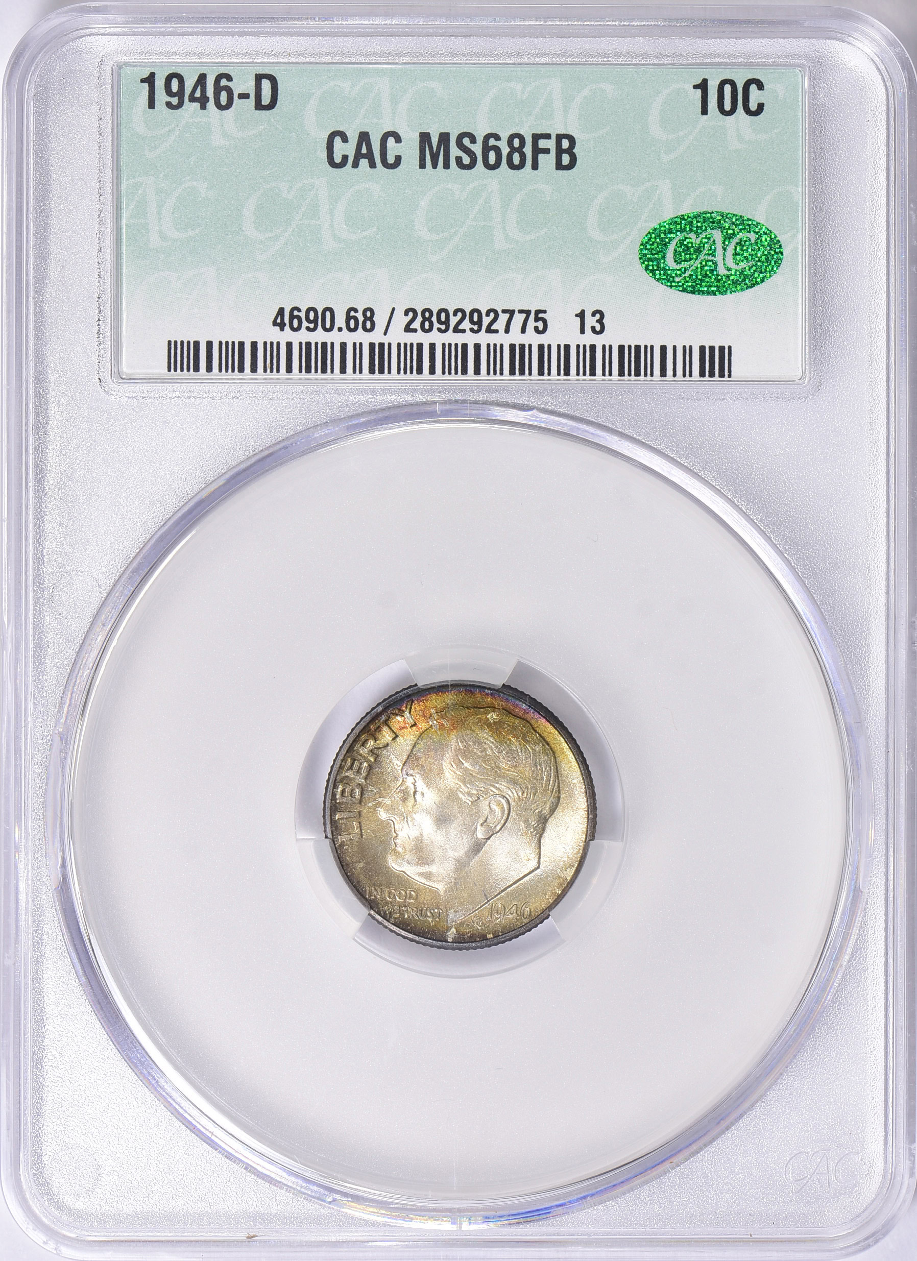 1946-D Roosevelt Dime CACG MS-68 FB (Toned) (Item 1622120) | GreatCollections Coin Auctions
