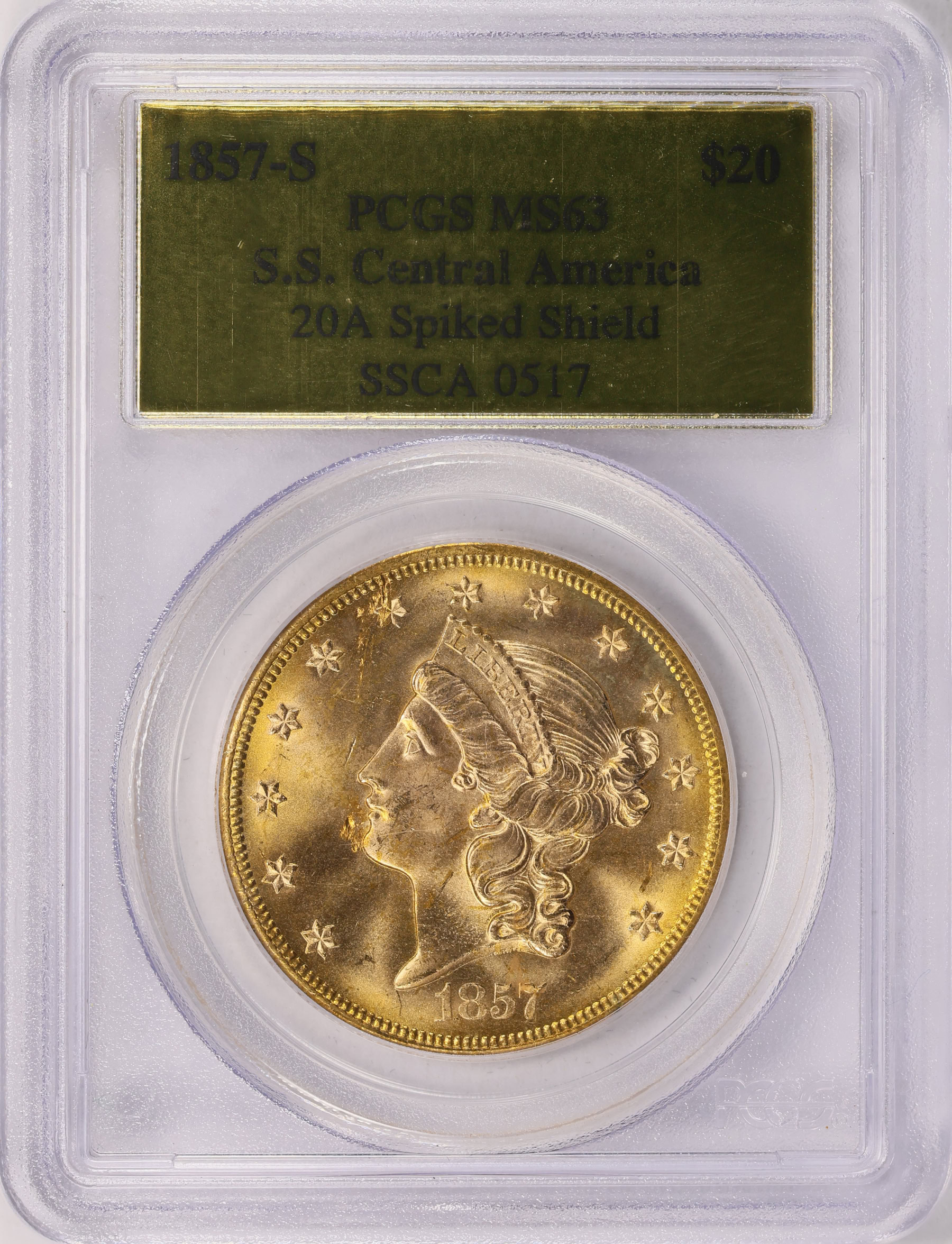 1857-S Liberty Gold Double Eagle 20A Spiked Shield Shipwreck S.S. Central America PCGS MS-63 ...