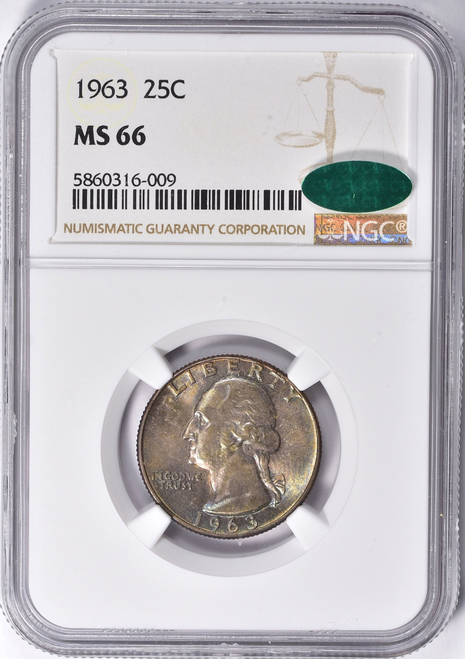 1963 Washington Quarter NGC MS-66 (CAC Green) (Toned) (Item 1622240) | GreatCollections Coin ...