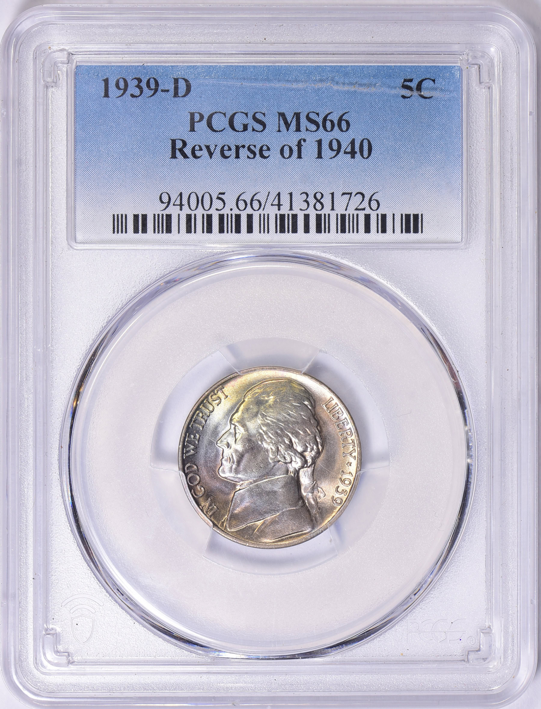 1939-D Jefferson Nickel Reverse of 1940 PCGS MS-66 (Toned) (Item 1622297) | GreatCollections ...