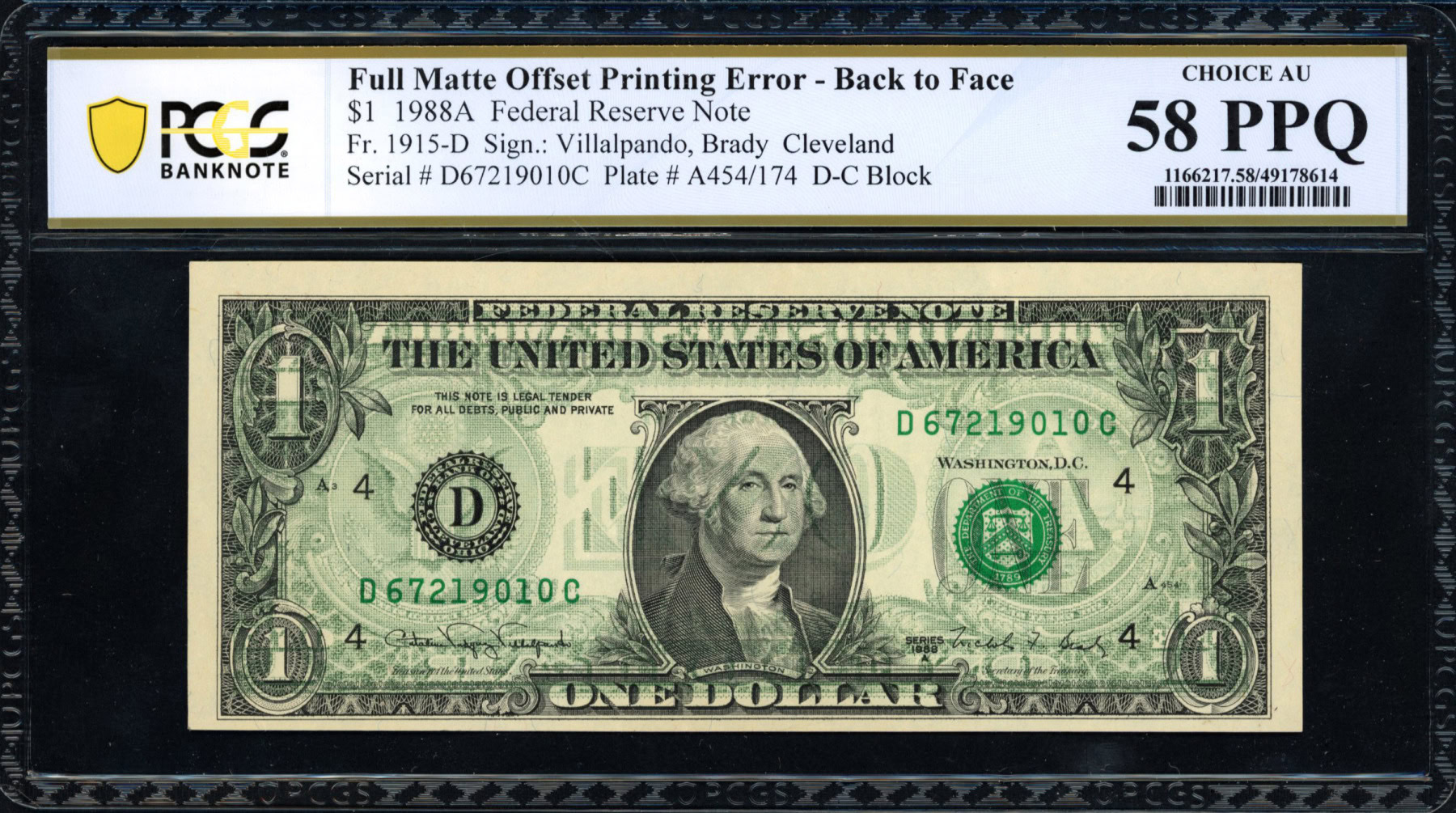 Fr. 1915-D (DC Block) 1988A $1 Cleveland Federal Reserve Error Note ...