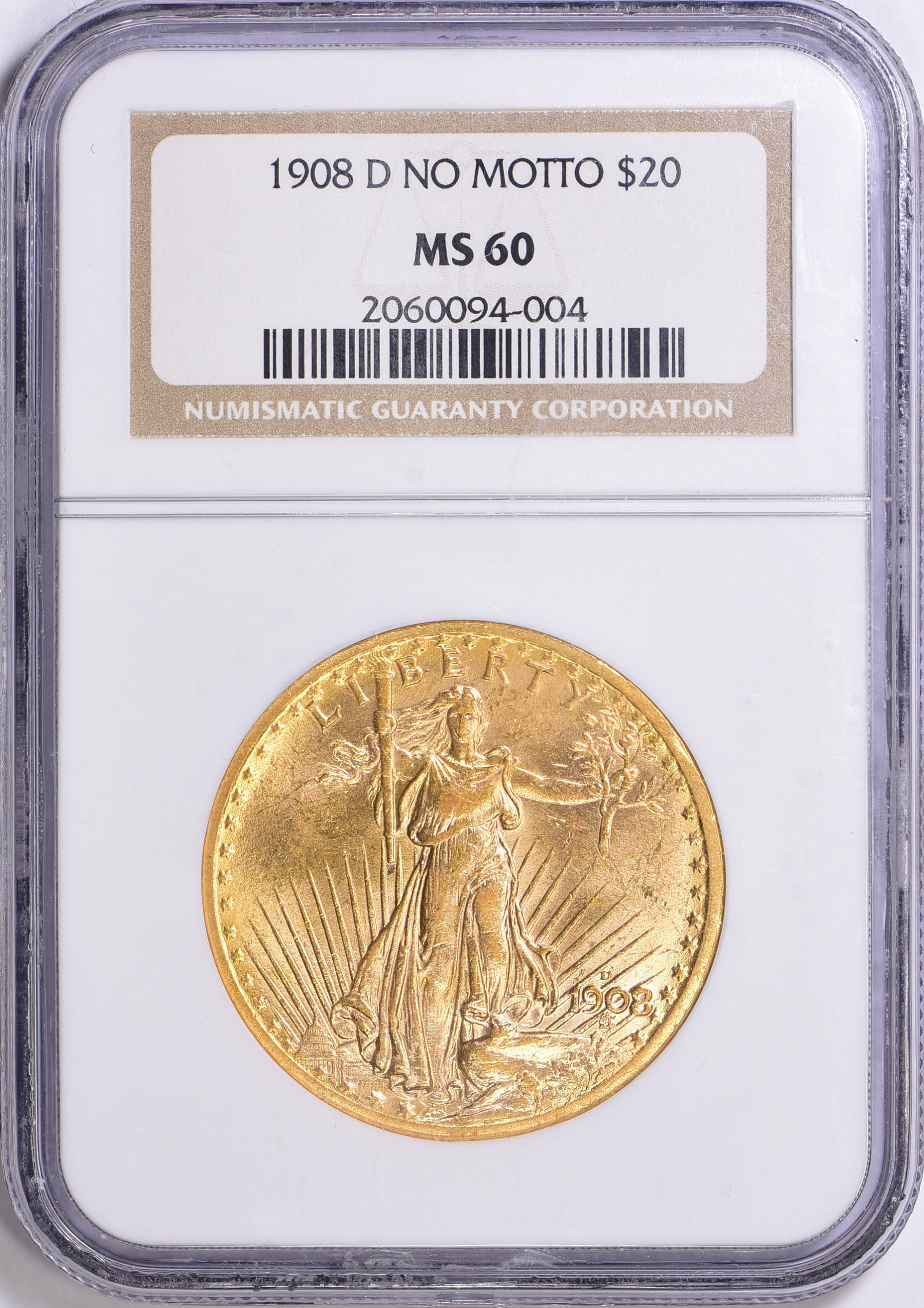 1908-D Saint-Gaudens Gold Double Eagle No Motto NGC MS-60 (Item 1622763) | GreatCollections Coin ...