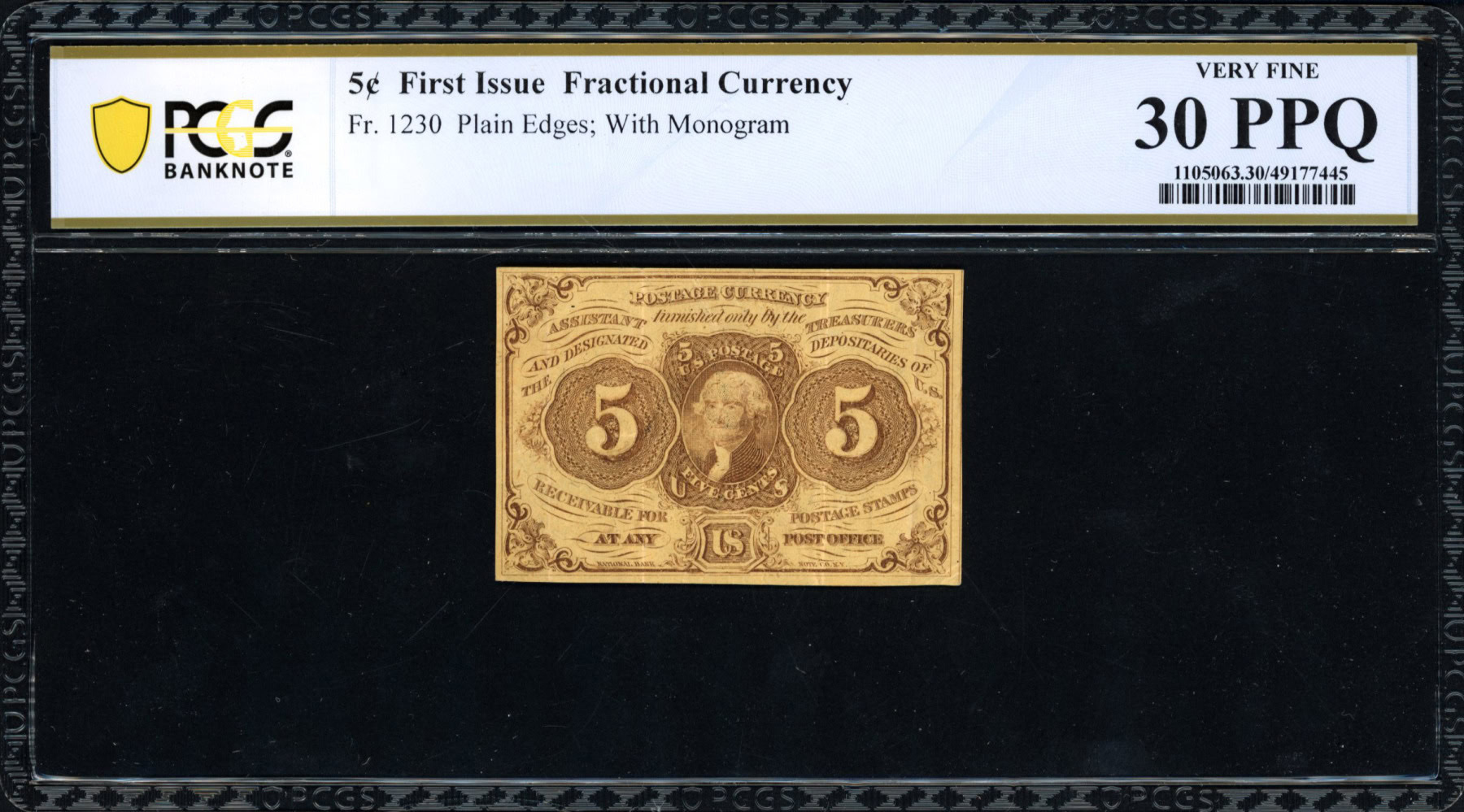 Fr. 1230 First Issue 5 Cents Fractional Currency Note Straight Edges ...