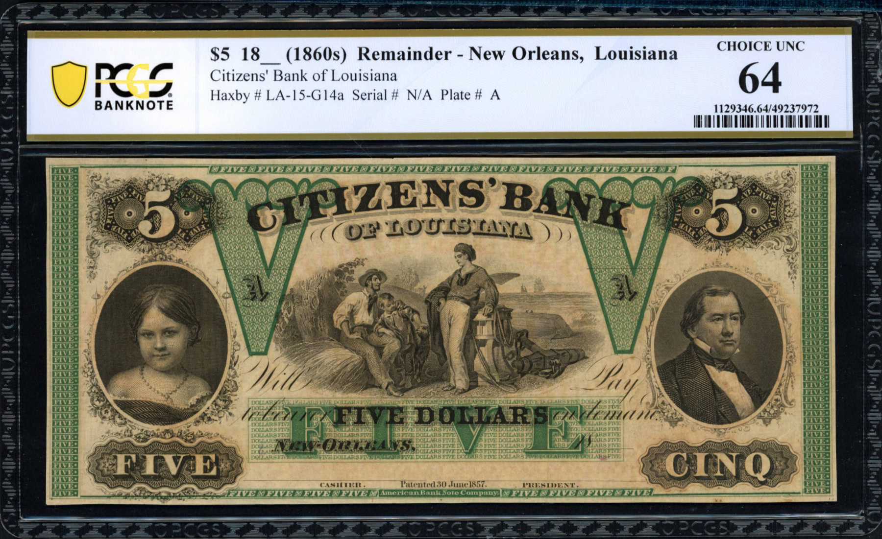 1860s New Orleans, Louisiana Citizens' Bank of Louisiana $5 Remainder ...