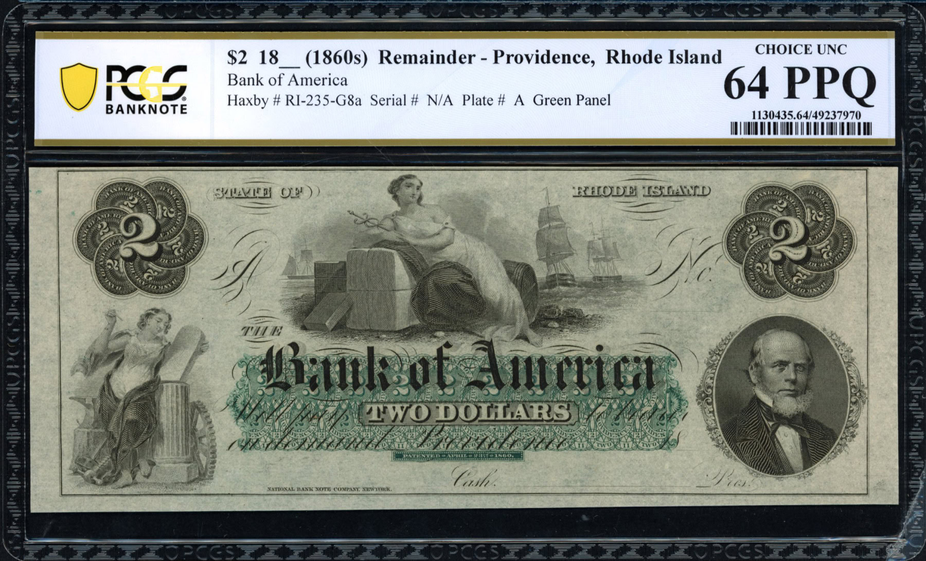 1860s Providence, Rhode Island Bank of America $2 Remainder Note PCGS ...