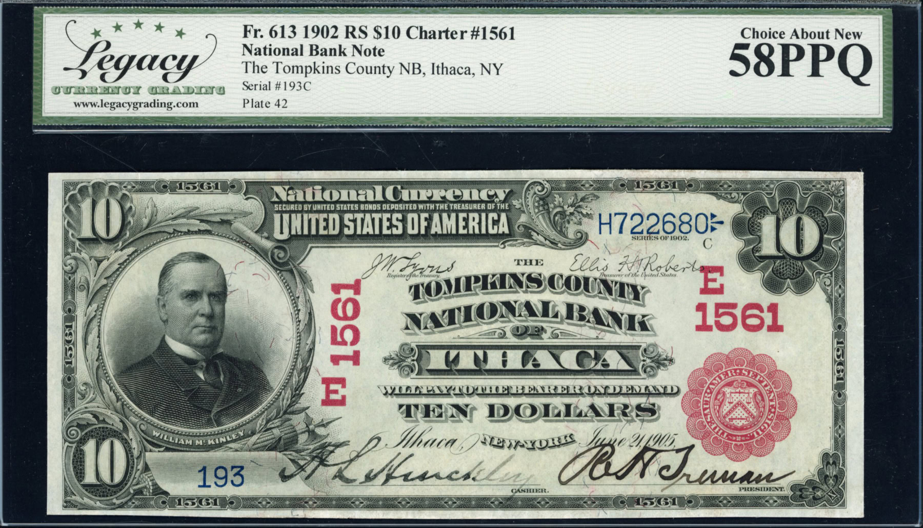Fr. 613 Ithaca, New York 1902 The Tompkins County National Bank $10 Red ...