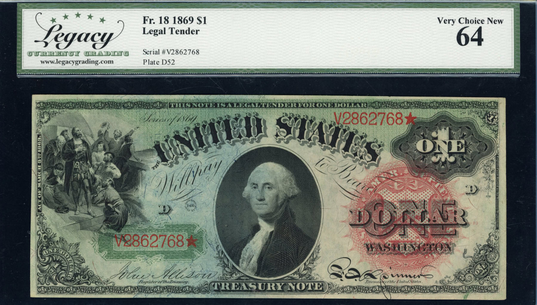 Fr. 18 1869 $1 Legal Tender Note Allison / Spinner Legacy Very Choice ...