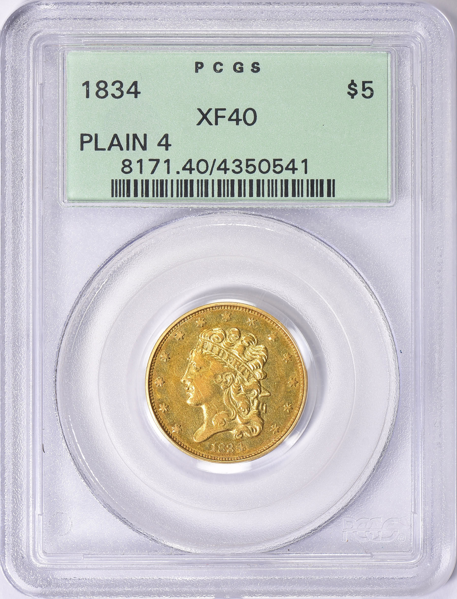 1834 Classic Head Gold Half Eagle Plain 4 PCGS XF-40 OGH (Item 1623290) | GreatCollections Coin ...