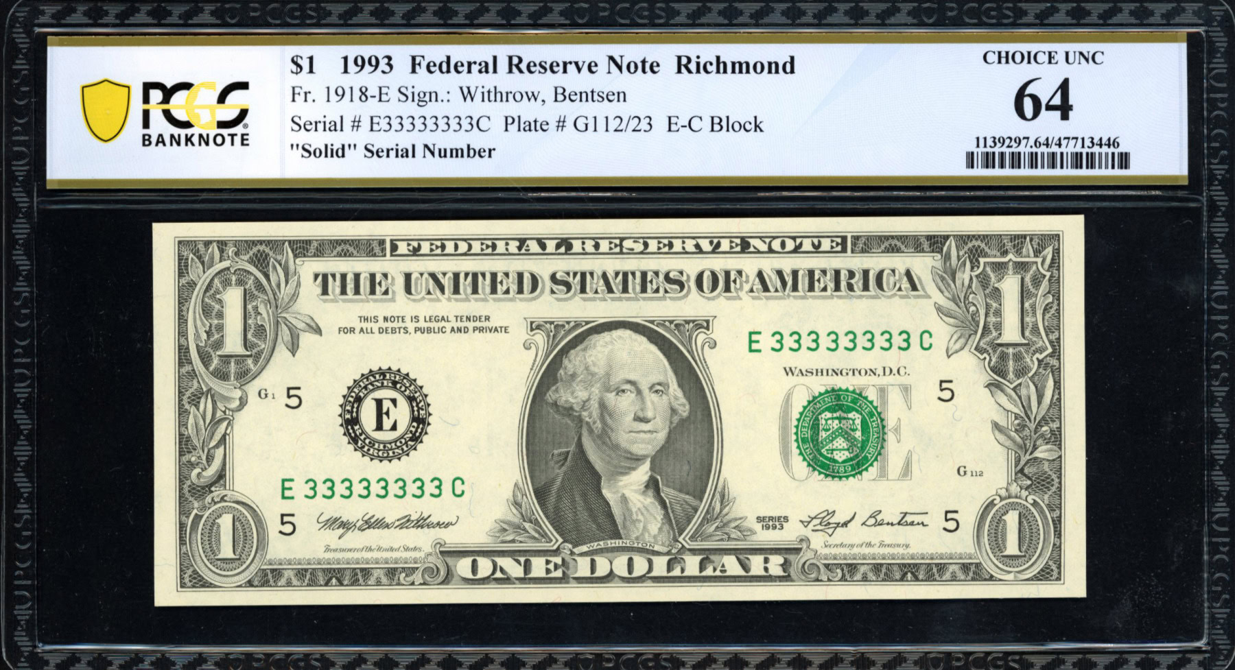 Fr. 1918-E (EC Block) 1993 $1 Richmond Federal Reserve Note Solid 3s Serial Number Withrow ...