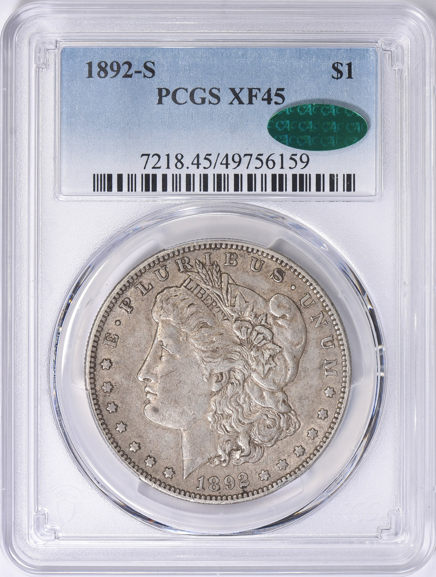 1892-S Morgan Silver Dollar PCGS XF-45 (CAC Green) (Item 1623365) | GreatCollections Coin Auctions