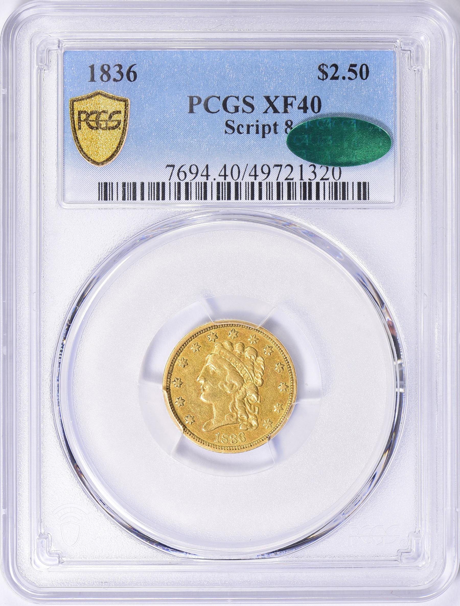 1836 Classic Gold Quarter Eagle Script 8 PCGS XF-40 (CAC Green) (Item ...