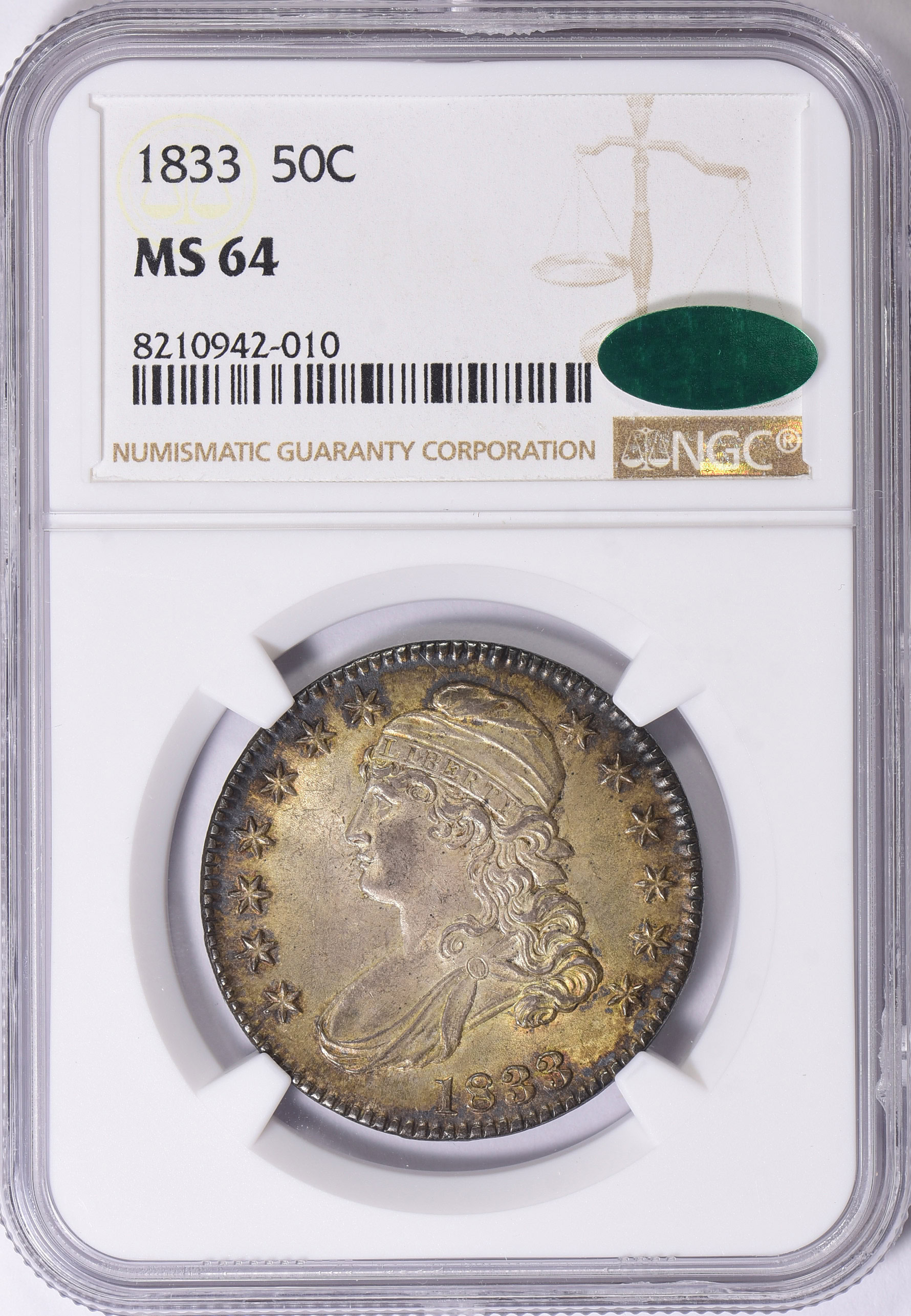 1833 Capped Bust Half Dollar NGC MS-64 (CAC Green) (Toned) (Item 1623665) | GreatCollections ...