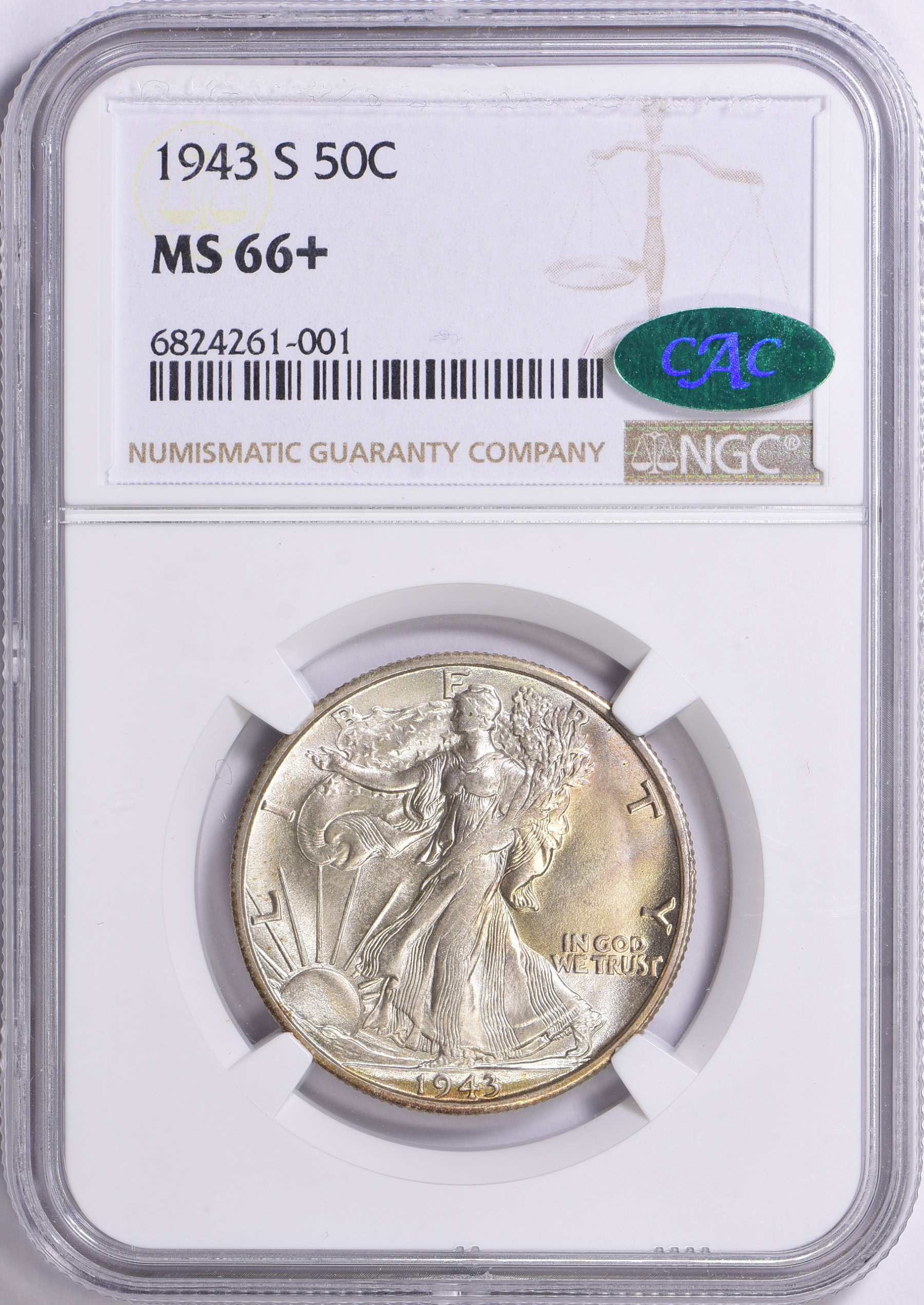 1943-S Walking Liberty Half Dollar NGC MS-66+ (CAC Green) (Toned) (Item 1624981 ...