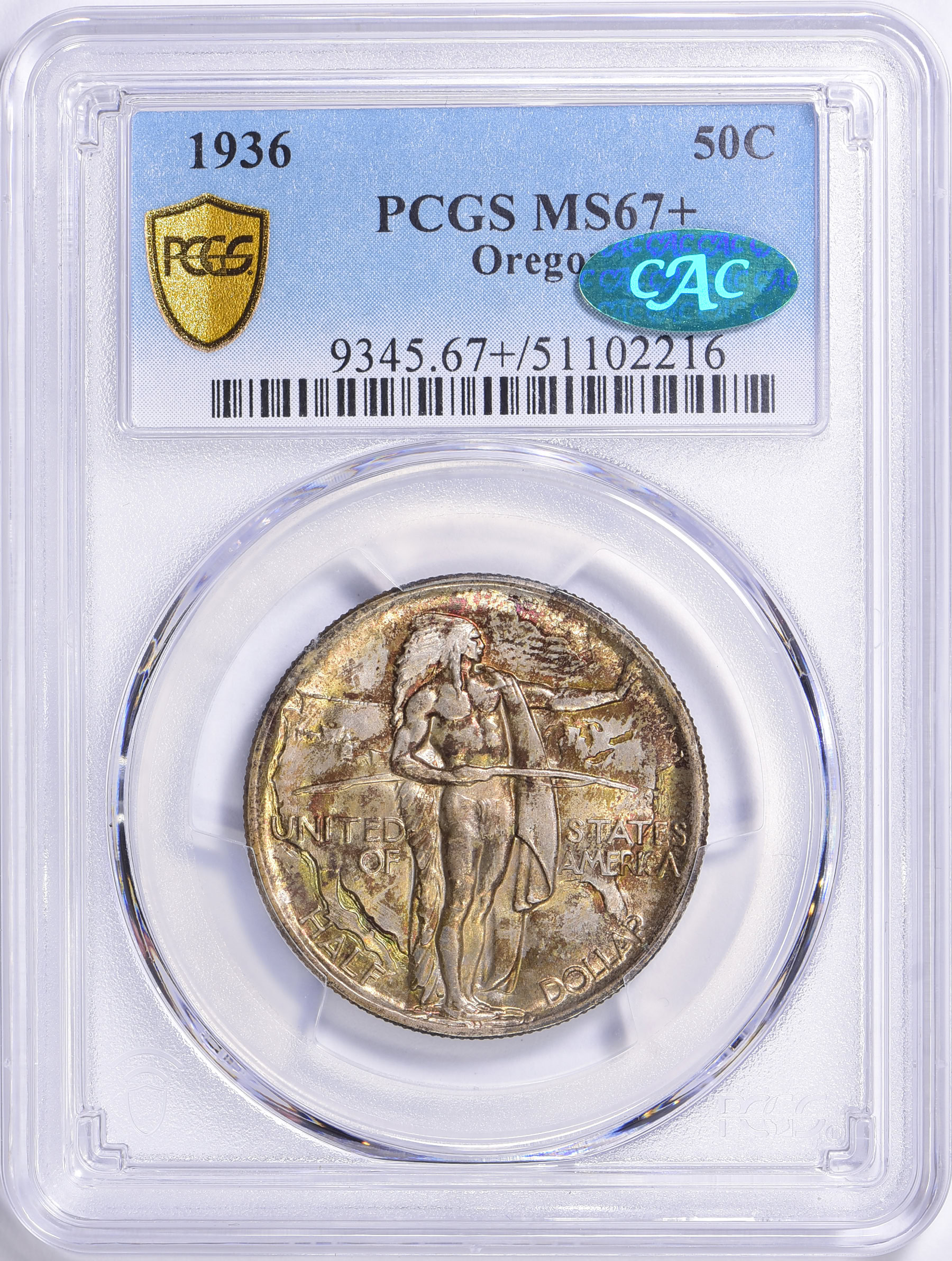 1936 Oregon Trail Memorial Half Dollar PCGS MS-67+ (CAC Green) (Toned) (Item 1625005 ...