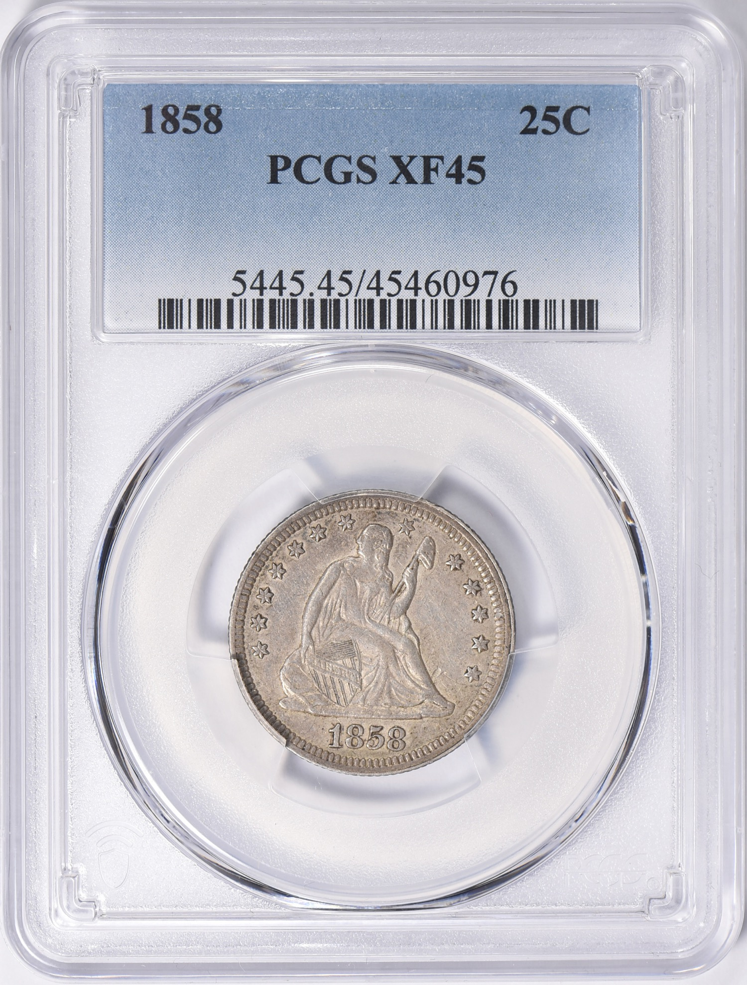 1858 Seated Liberty Quarter PCGS XF-45 (Item 1625080) | GreatCollections Coin Auctions