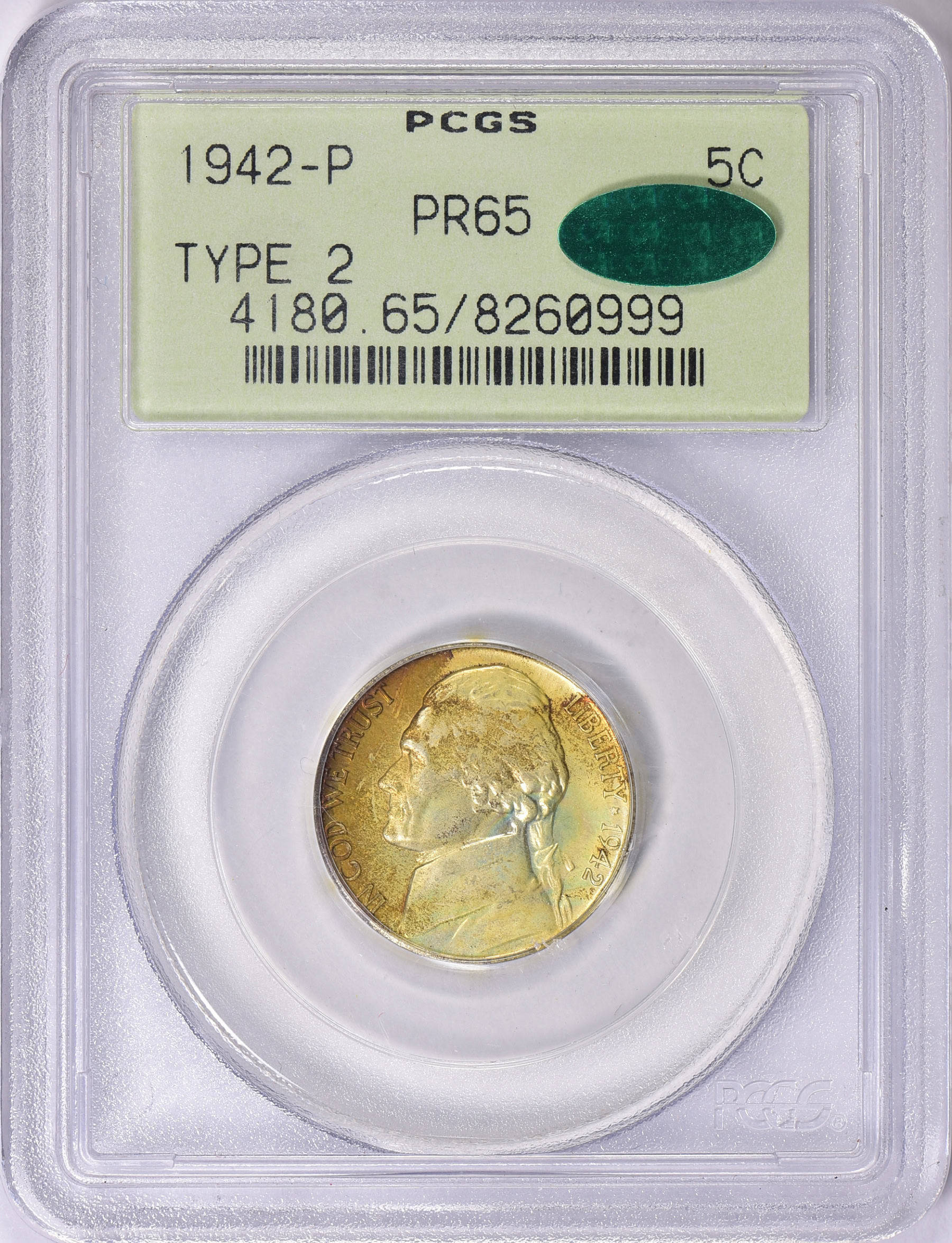 1942-P Jefferson Nickel Type 2 PCGS Proof-65 (CAC Green) OGH (Toned ...