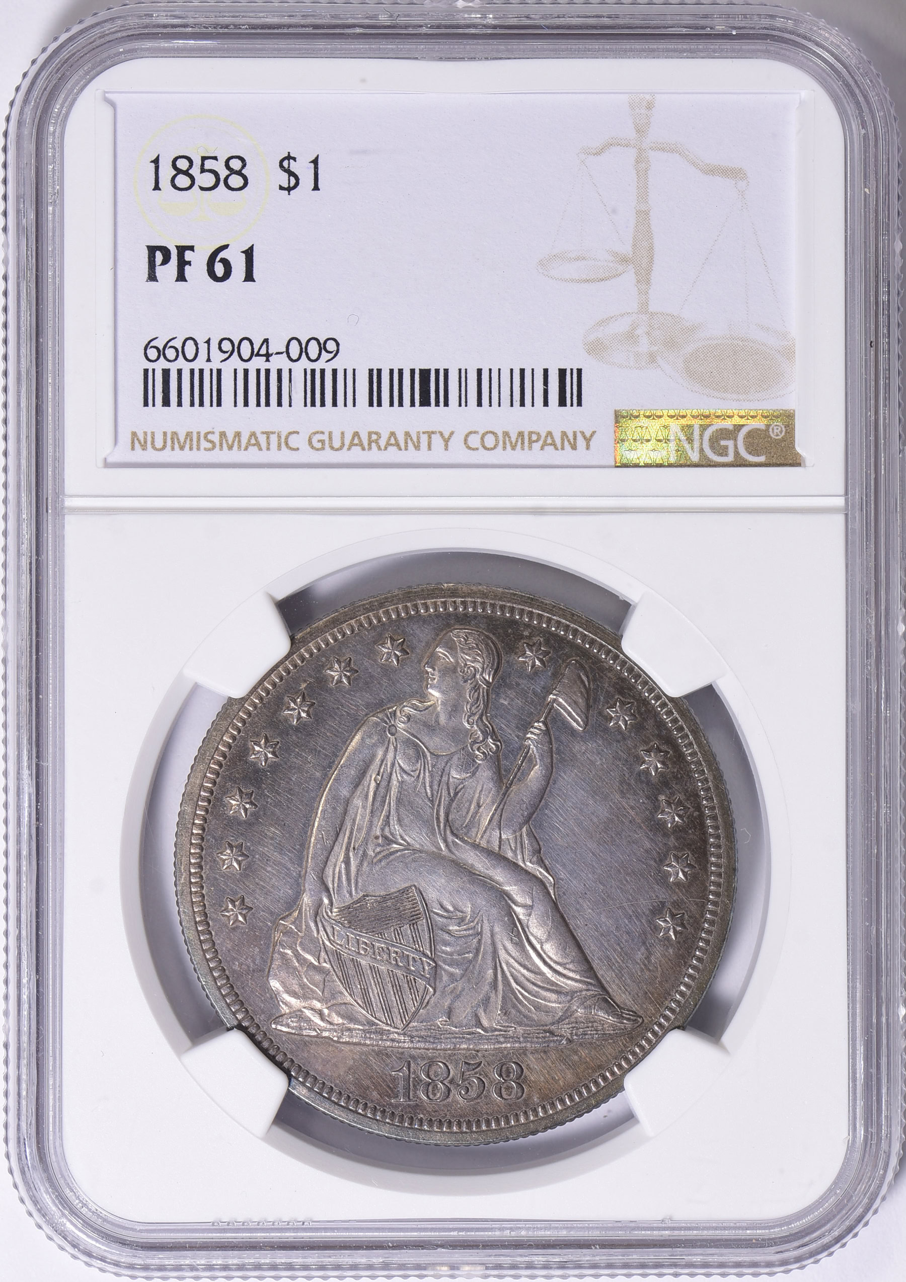 1858 Seated Liberty Silver Dollar NGC Proof-61 (Toned) (Item 1625967) | GreatCollections Coin ...