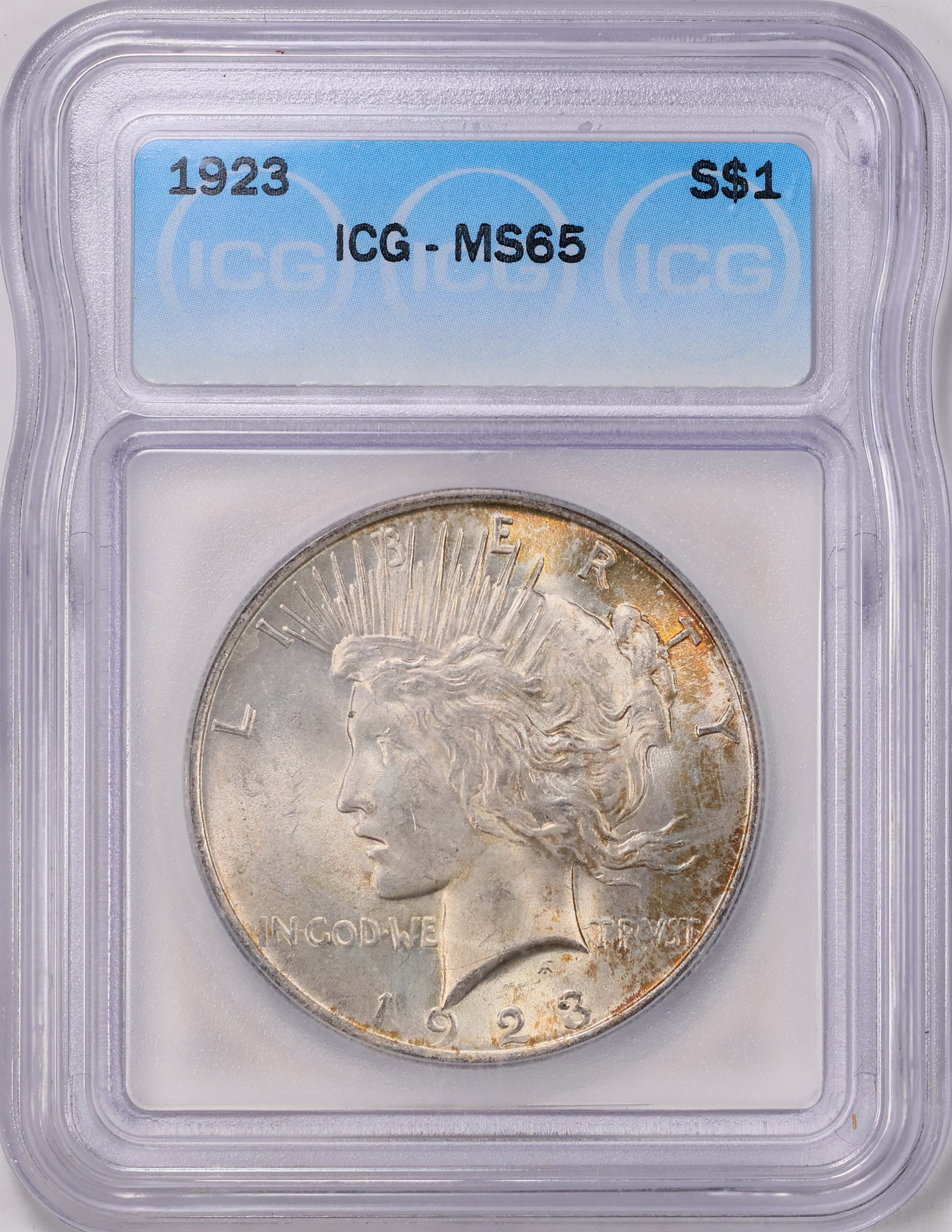 1923 Peace Silver Dollar ICG MS-65 (Toned) (Item 1625999) | GreatCollections Coin Auctions