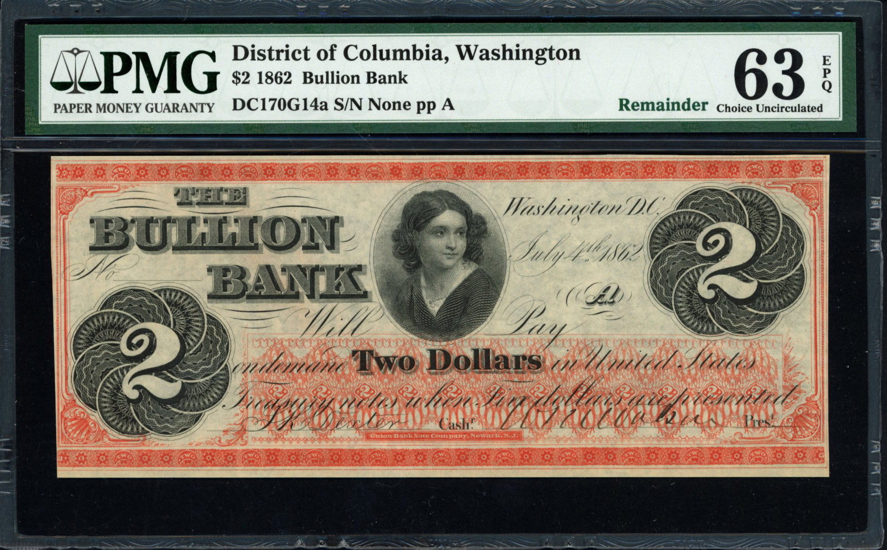 1862 Washington D.C. Bullion Bank $2 Remainder Note PMG Choice ...