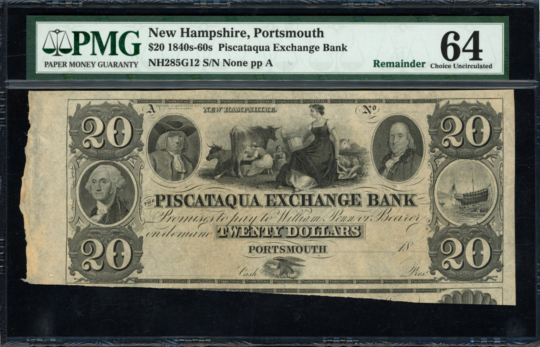 1840s-60s Portsmouth, New Hampshire Piscataqua Exchange Bank $20 ...
