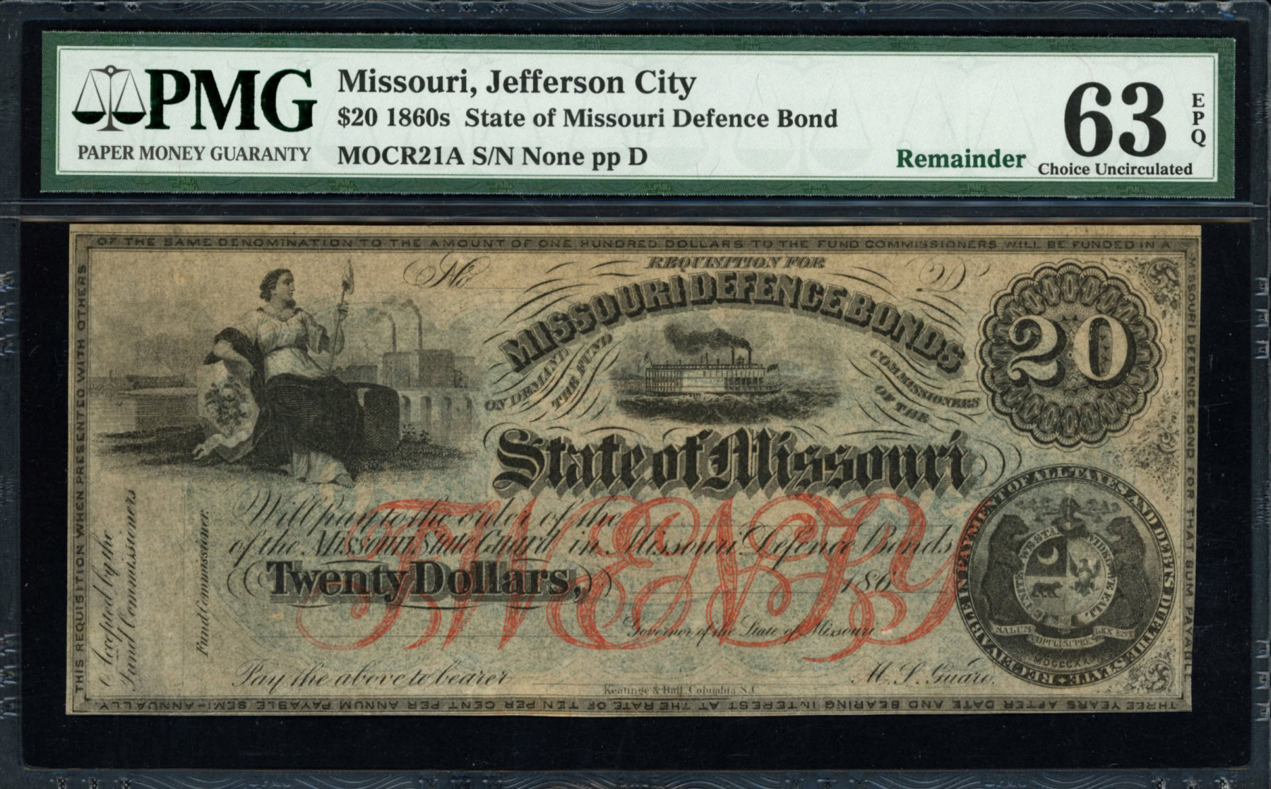 1860s Jefferson City, Missouri State of Missouri Defence Bond $20 ...